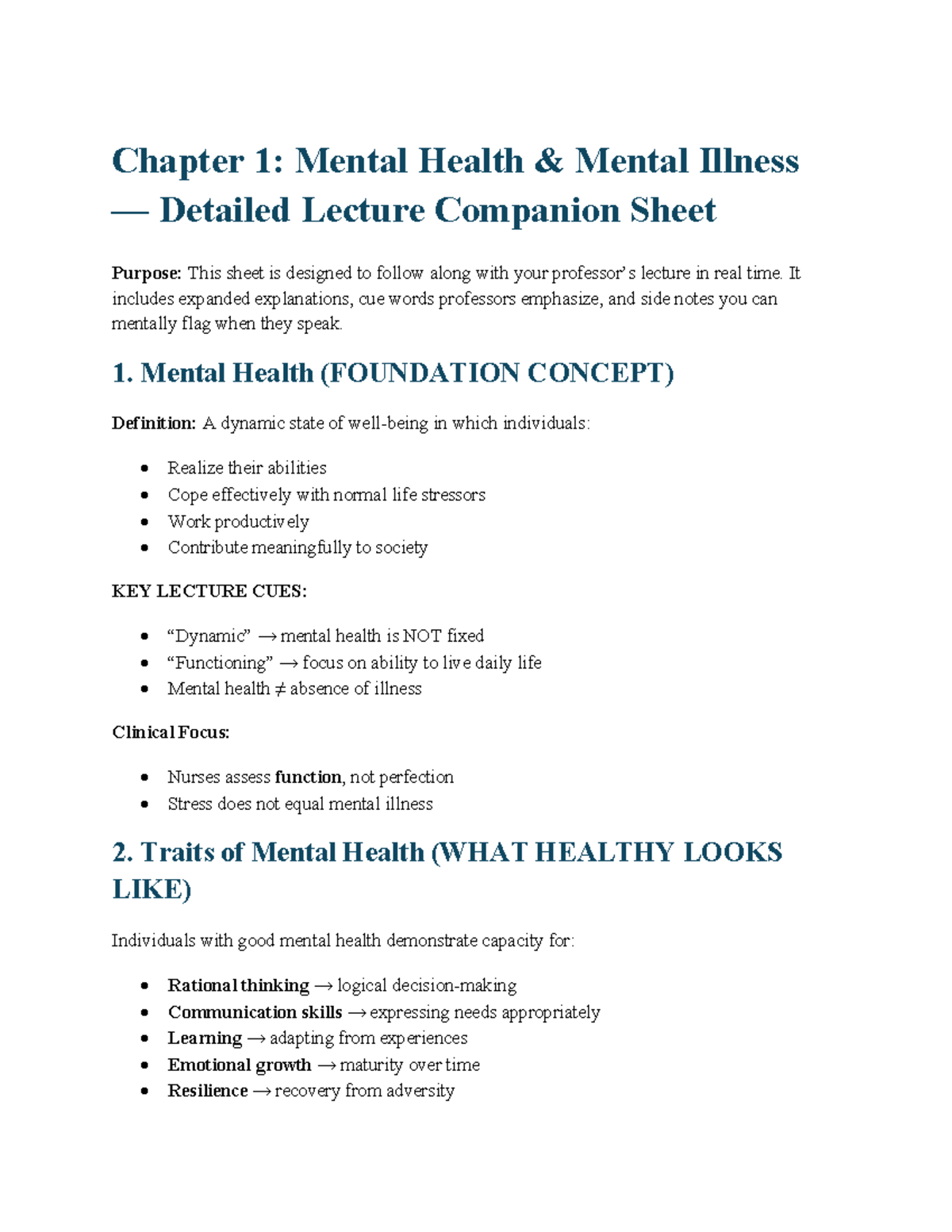 Chapter 1 & 2: Mental Health & Theories - Detailed Lecture Companion (NURS 101) - Studocu