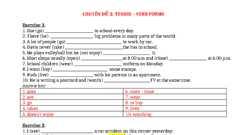 E7 CHUYÊN ĐỀ 2: TENSES & VERB FORMS Exercises and Answers - Studocu