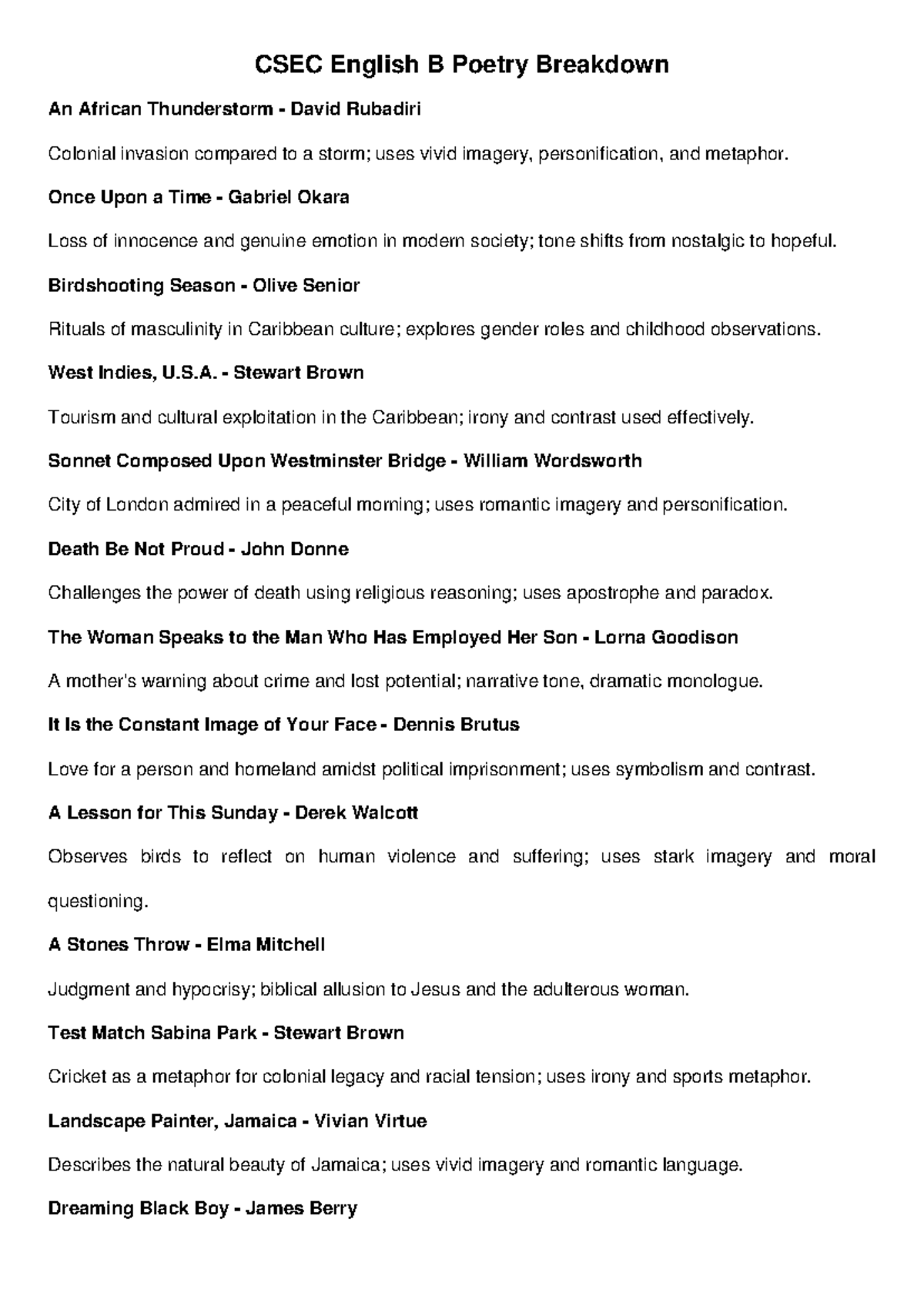 CSEC English B Poetry Breakdown: Themes & Techniques Analysis - Studocu