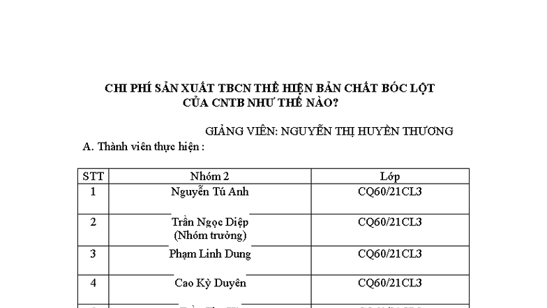 CHI PHÍ SẢN XUẤT TBCN VÀ BÓC LỘT TRONG CNTB: PHÂN TÍCH - Studocu