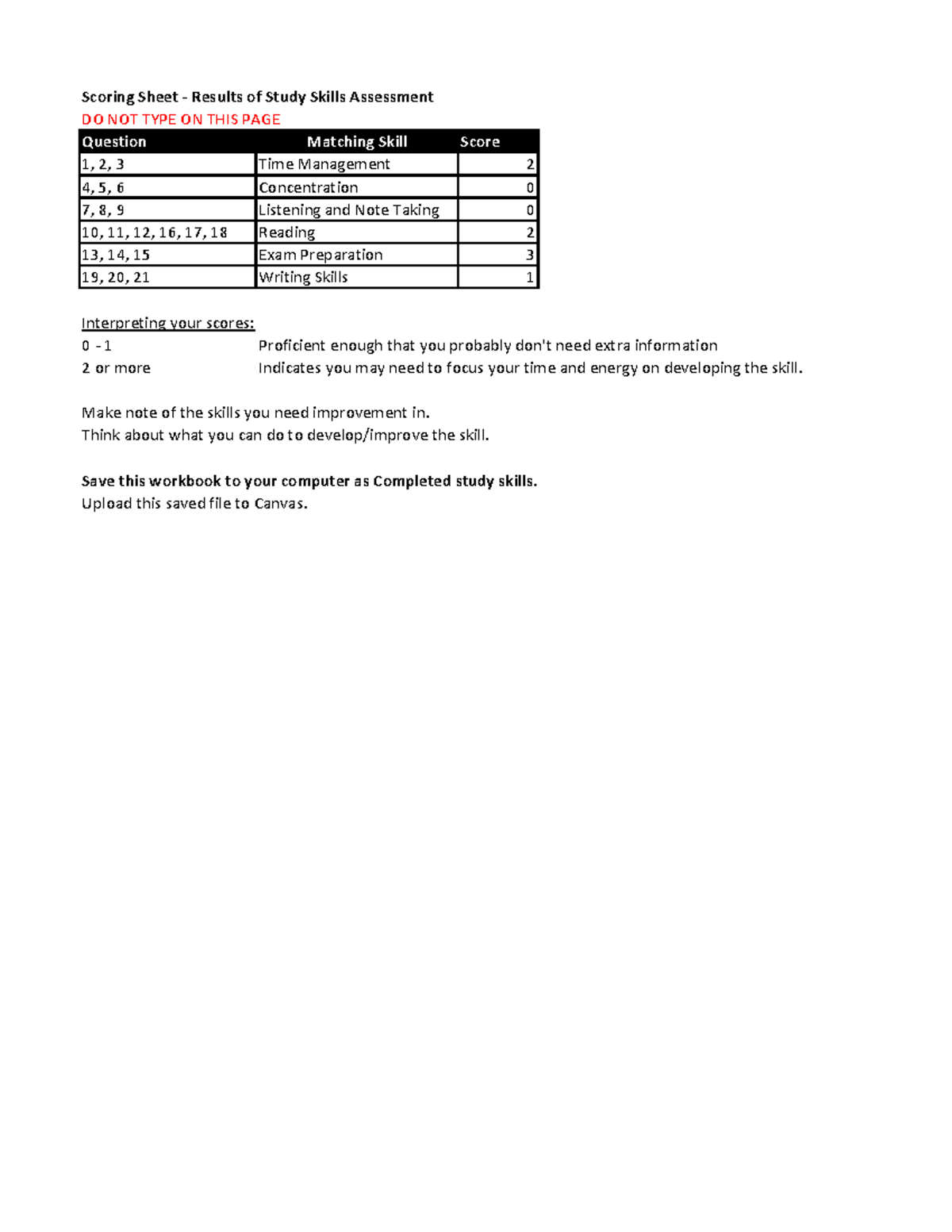 Study Skills Assessment Results & Improvement Plan (Course Code: 4 ...