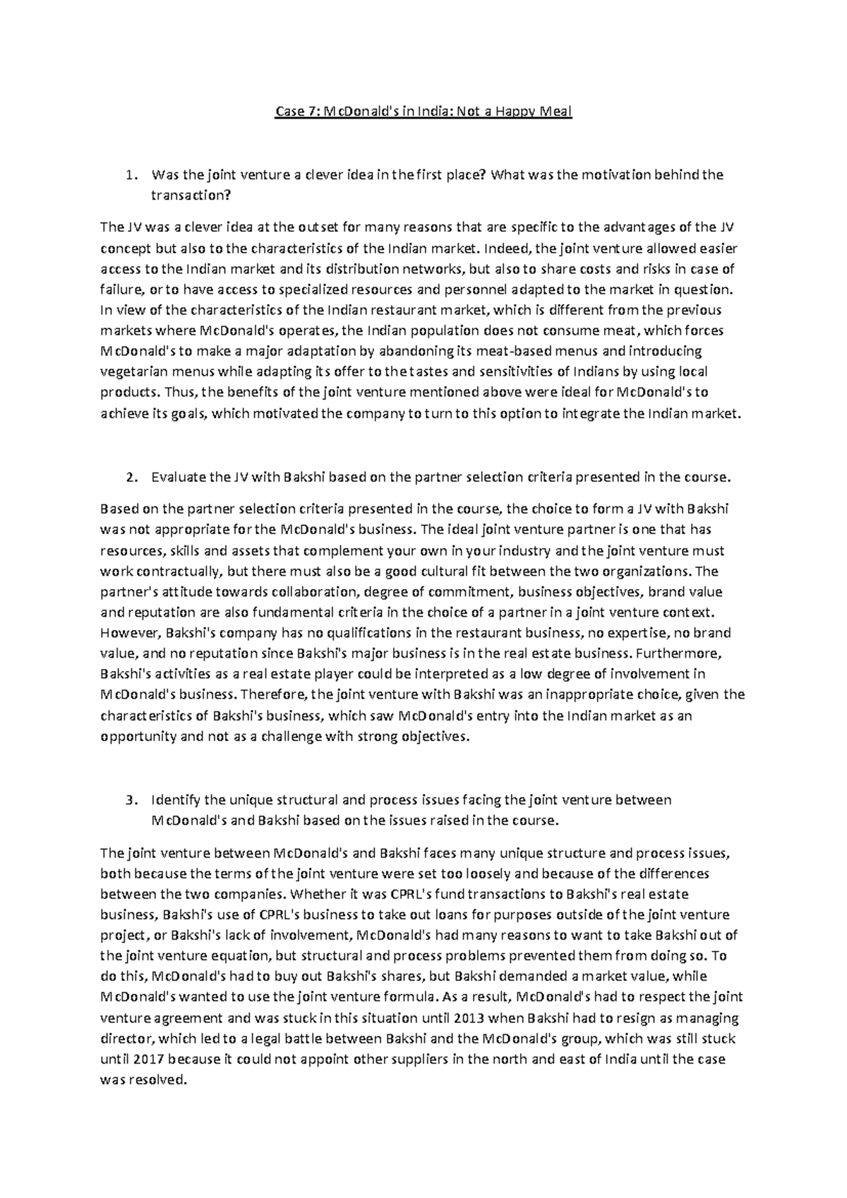 Case Study 7: McDonald's in India - Evaluating the Joint Venture Issues ...