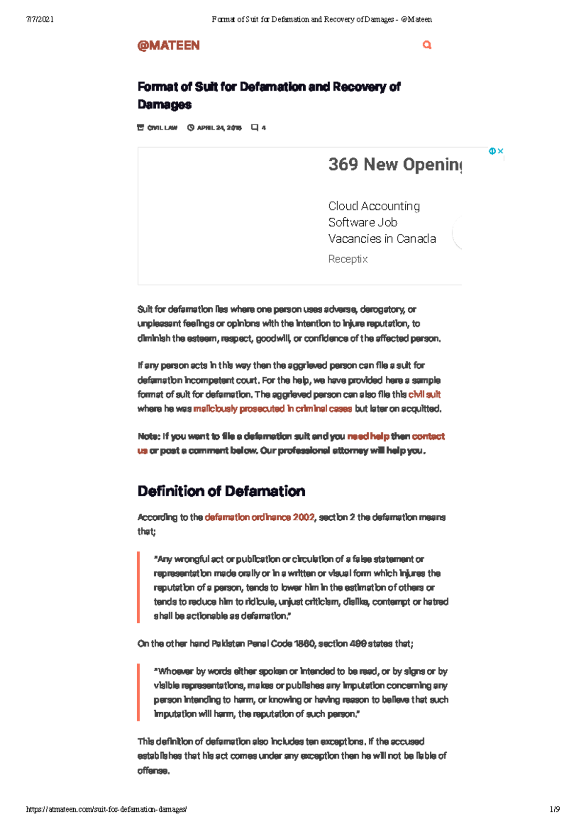 CIVIL LAW: Format of Suit for Defamation & Damages Recovery Guide - Studocu