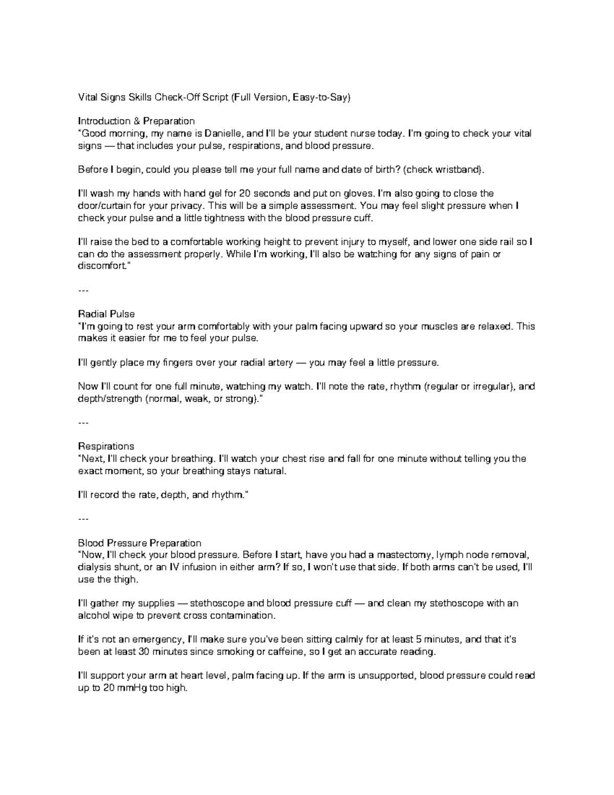 Vital Signs Skills Checkoff Script (Nursing Practice) - Studocu