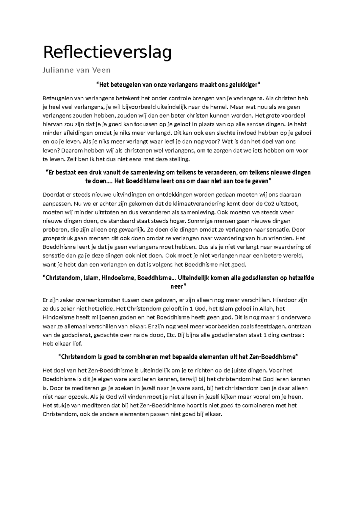 Reflectieverslag over Boeddhisme en Christendom: Een Persoonlijke ...