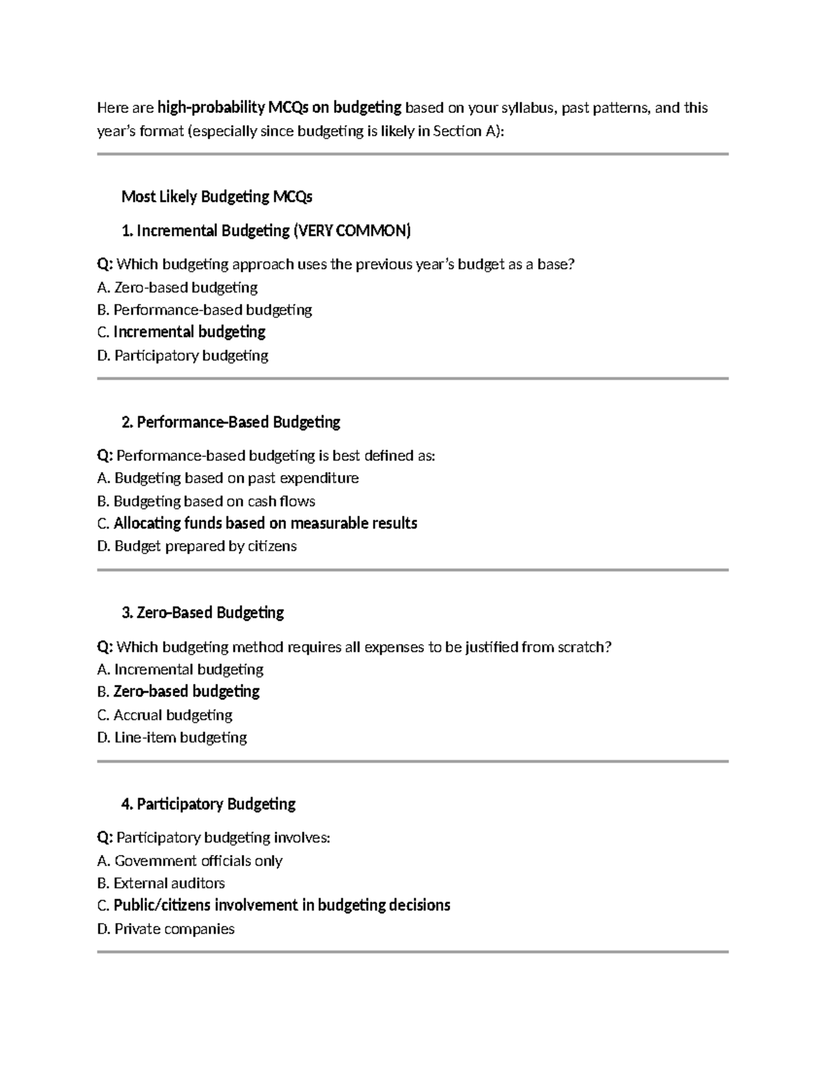 MCQ - Practice Questions on Budgeting for Final Exam - Studocu