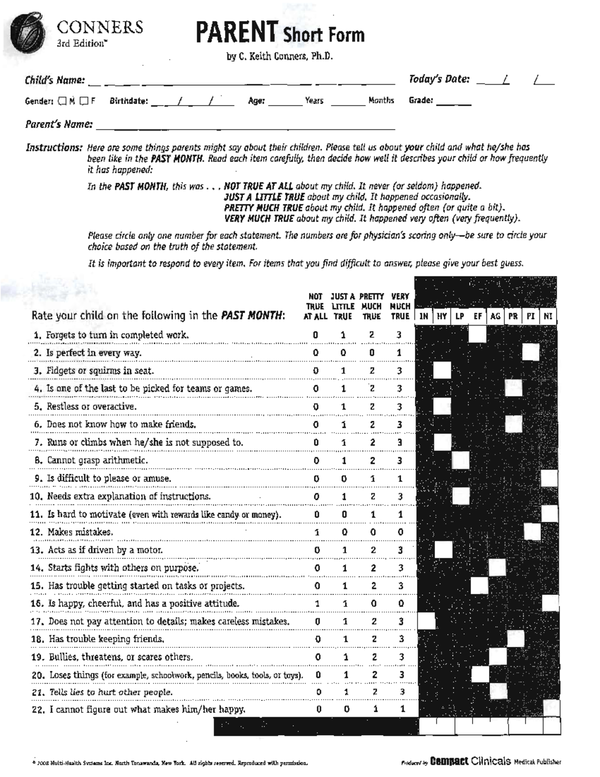 Conners Parent Short Form - Excel Pediatrics - • CONNERS 3rd Edition ...