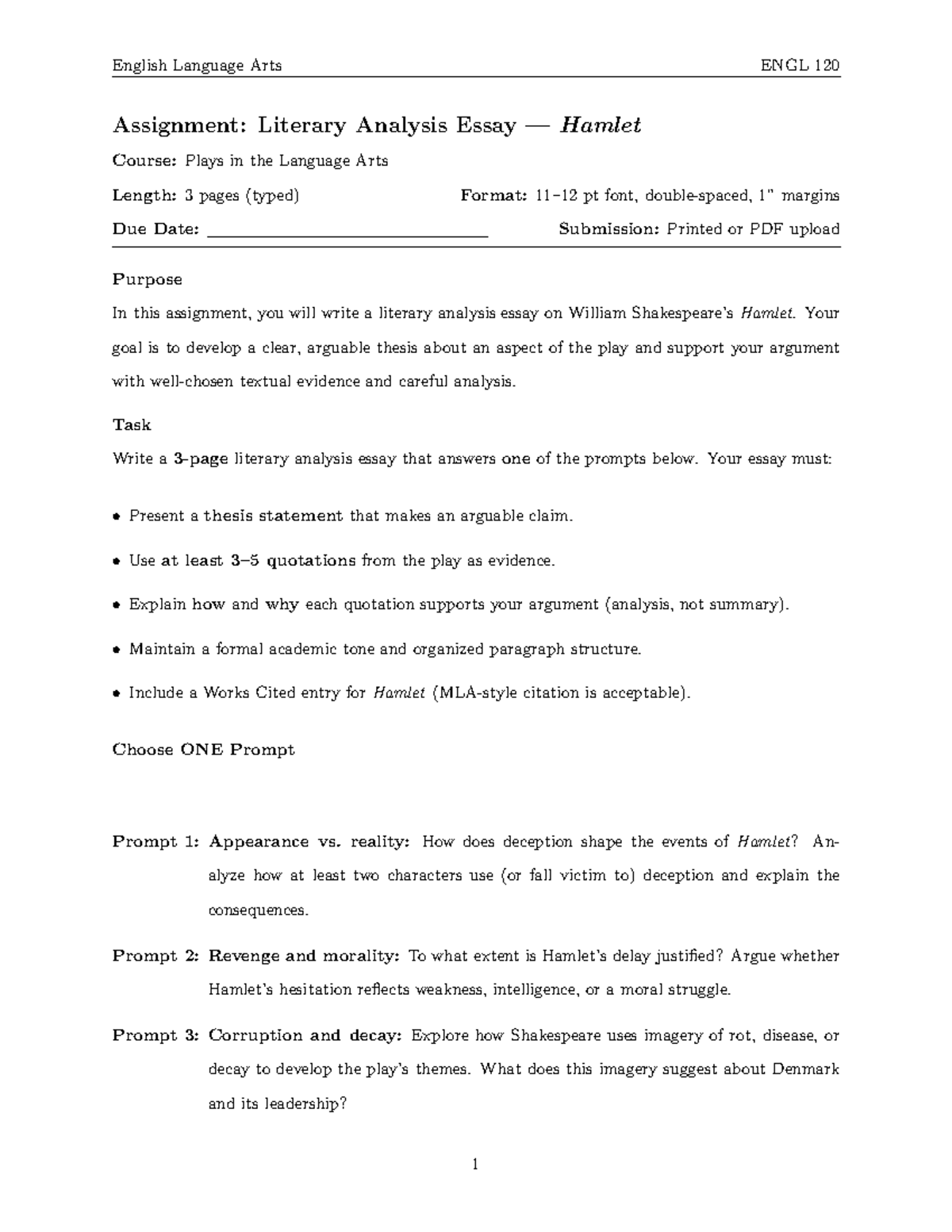 ENGL 120 Literary Analysis Essay: Exploring Themes in Hamlet - Studocu