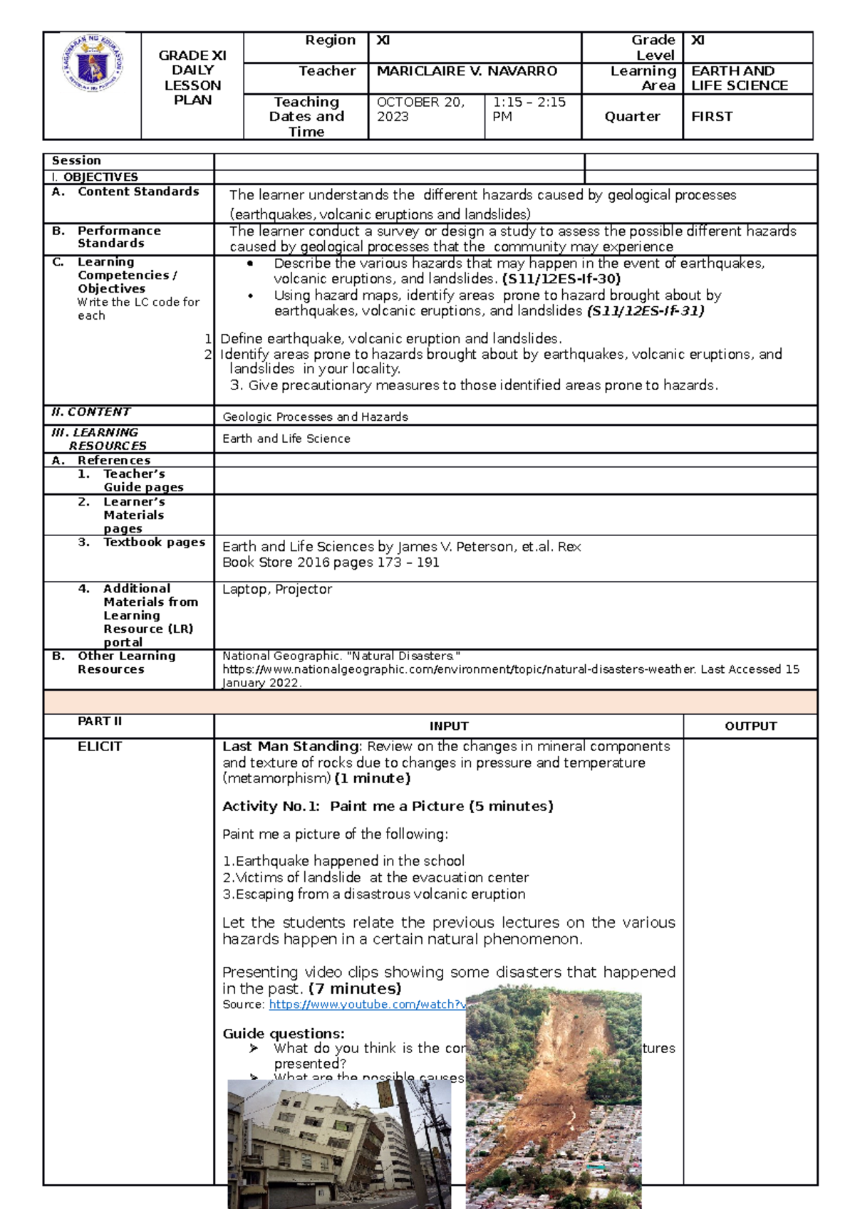 DLP CO1 ELS QTR1 - Grade XI Lesson Plan on Geologic Hazards - Studocu