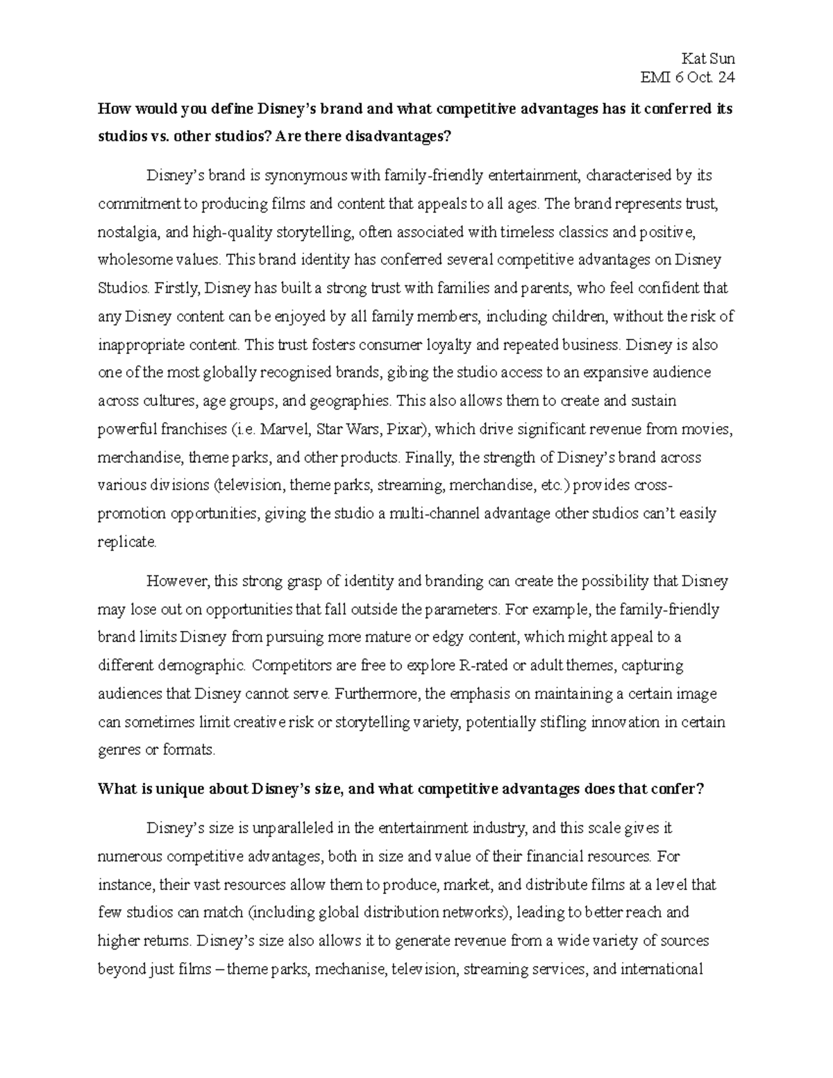 EMI 6: Disney Case Study - Brand Advantages & Tentpole Strategies - Studocu