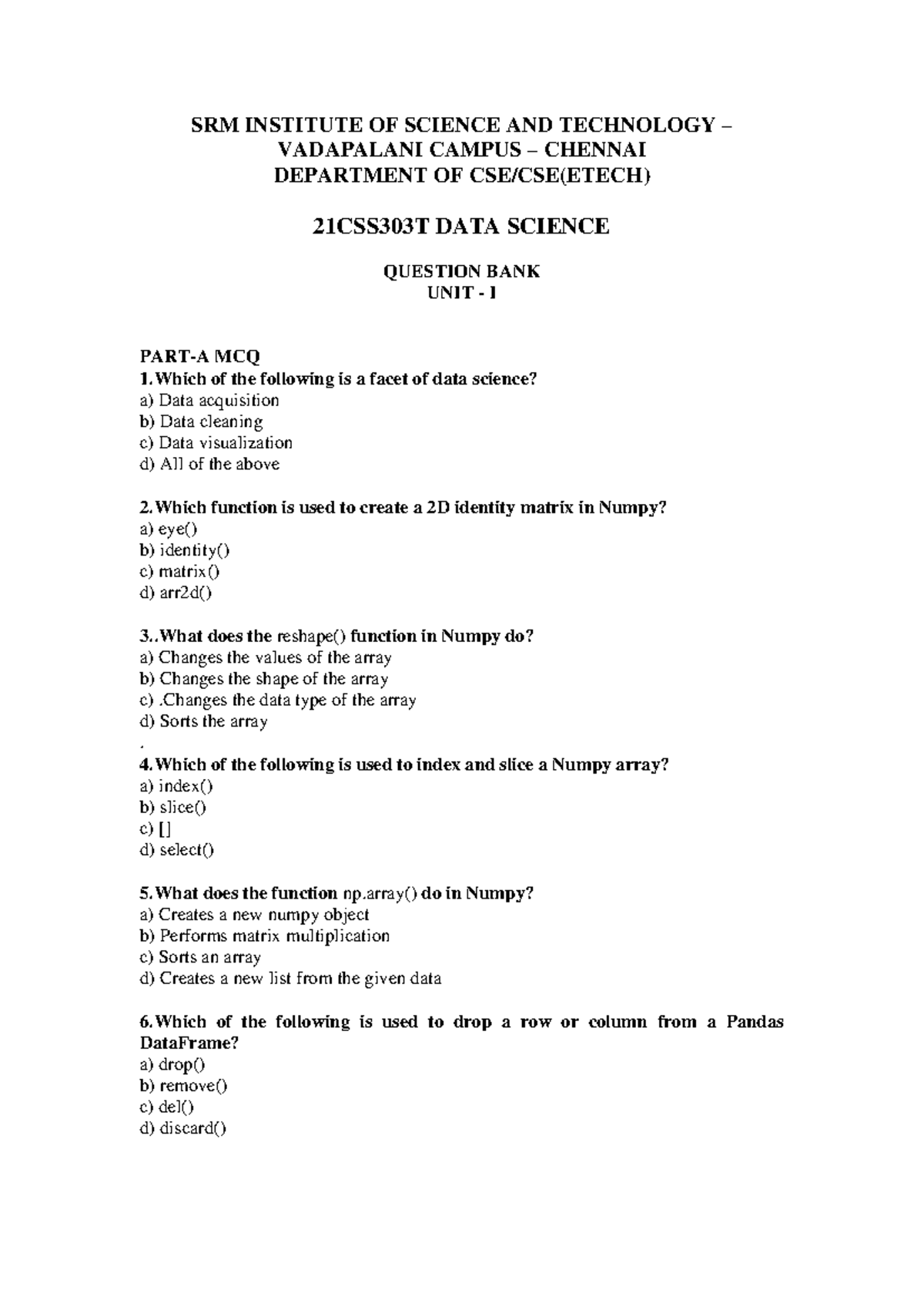 UNIT 1 21CSS303T Data Science Question Bank - MCQ & Short Answers - Studocu
