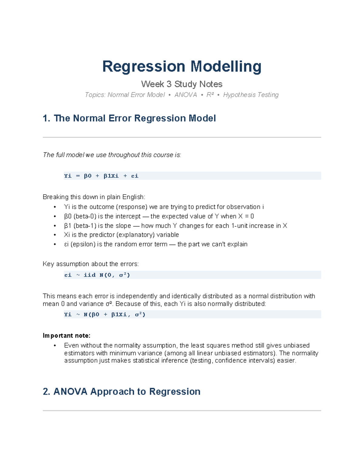 Week 3 Regression Modelling Study Notes: ANOVA, R² & Hypothesis Testing ...