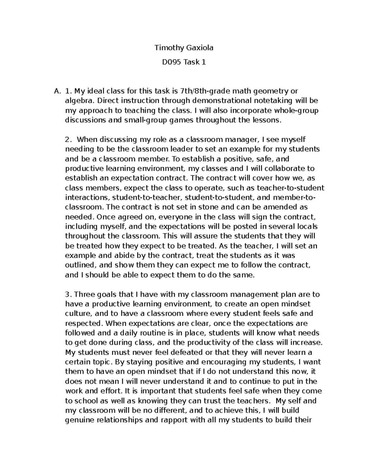 D095 Task 1: Classroom Management Plan for Math Instruction - Studocu