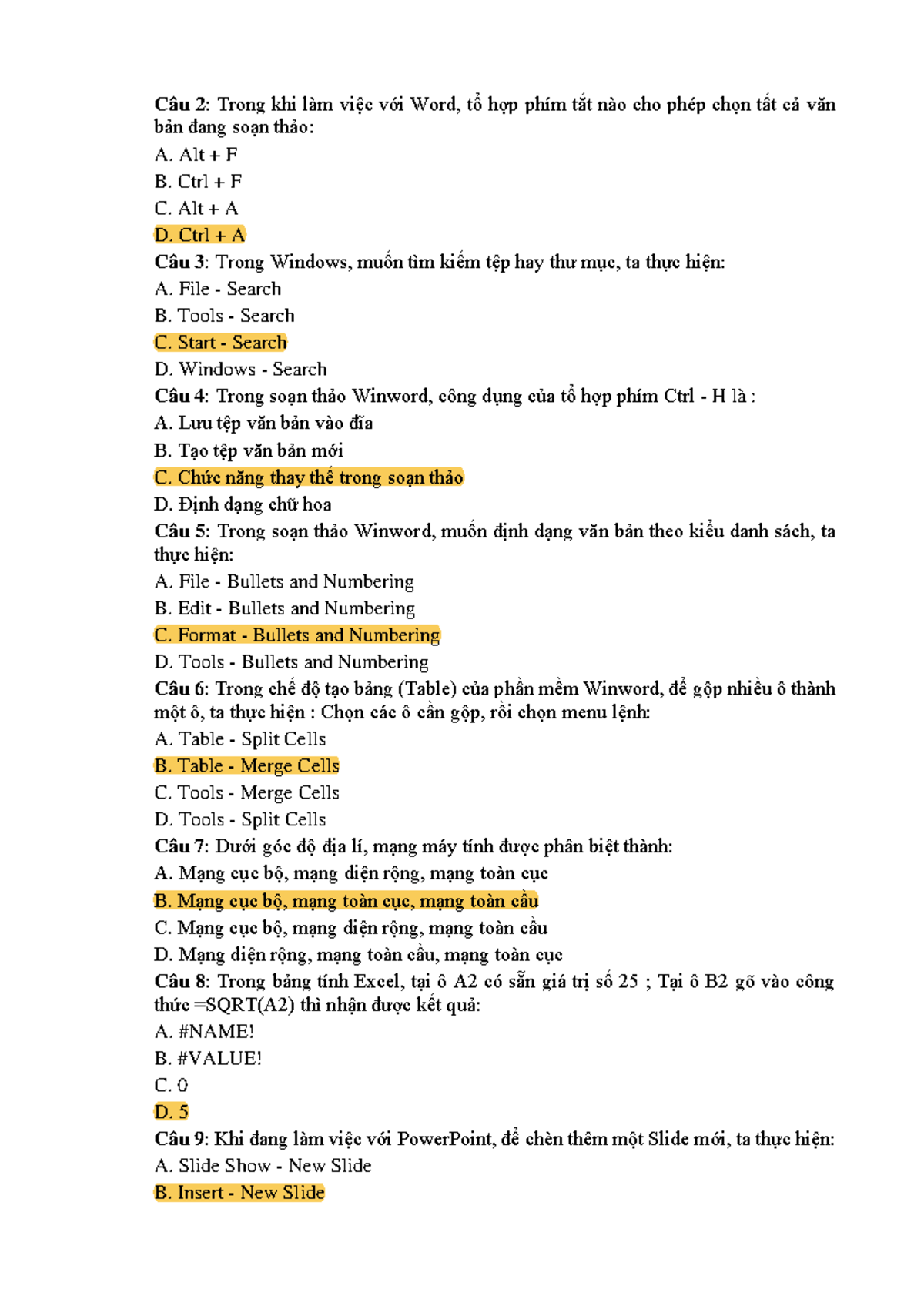 Ontap 03 - Tinhoc: Câu hỏi trắc nghiệm về Word, Excel, PowerPoint - Studocu