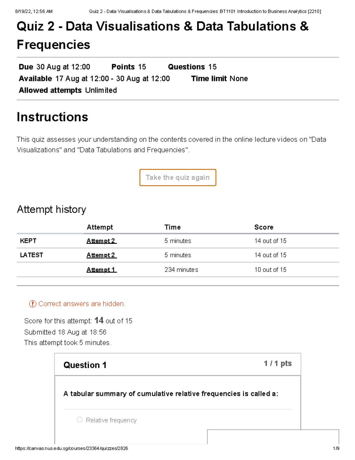 Quiz 2 - Data Visualisations & Data Tabulations & Frequencies BT1101 ...