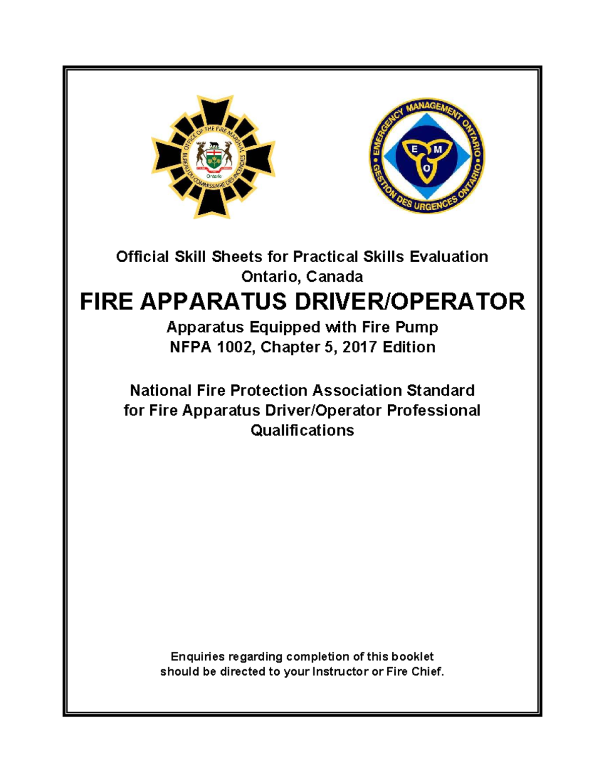 Skill Sheets for Fire Apparatus Driver-Operator (Fire Pump) NFPA 1002 ...