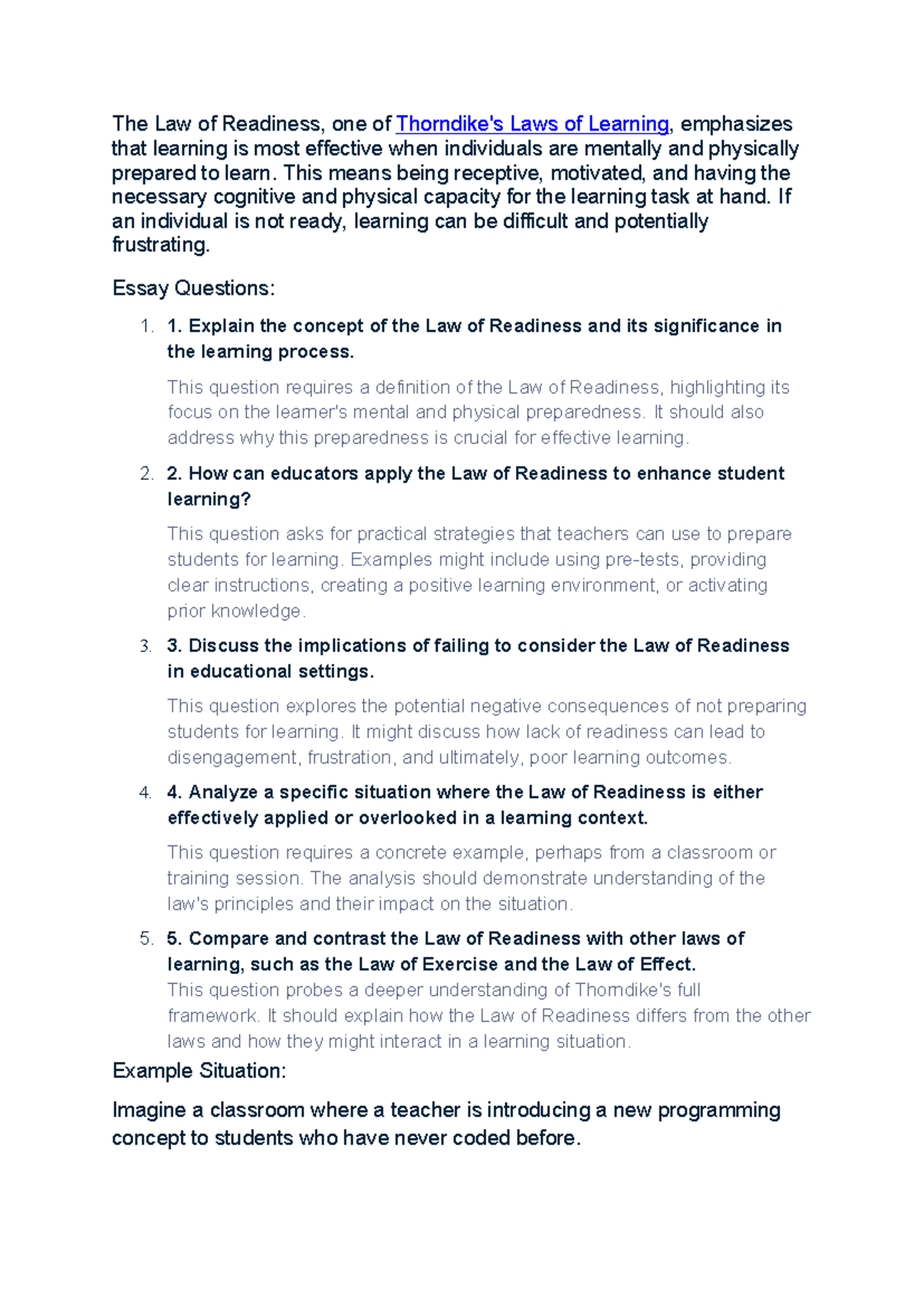 The Law of Readiness - Lecture Notes on Learning Principles - Studocu