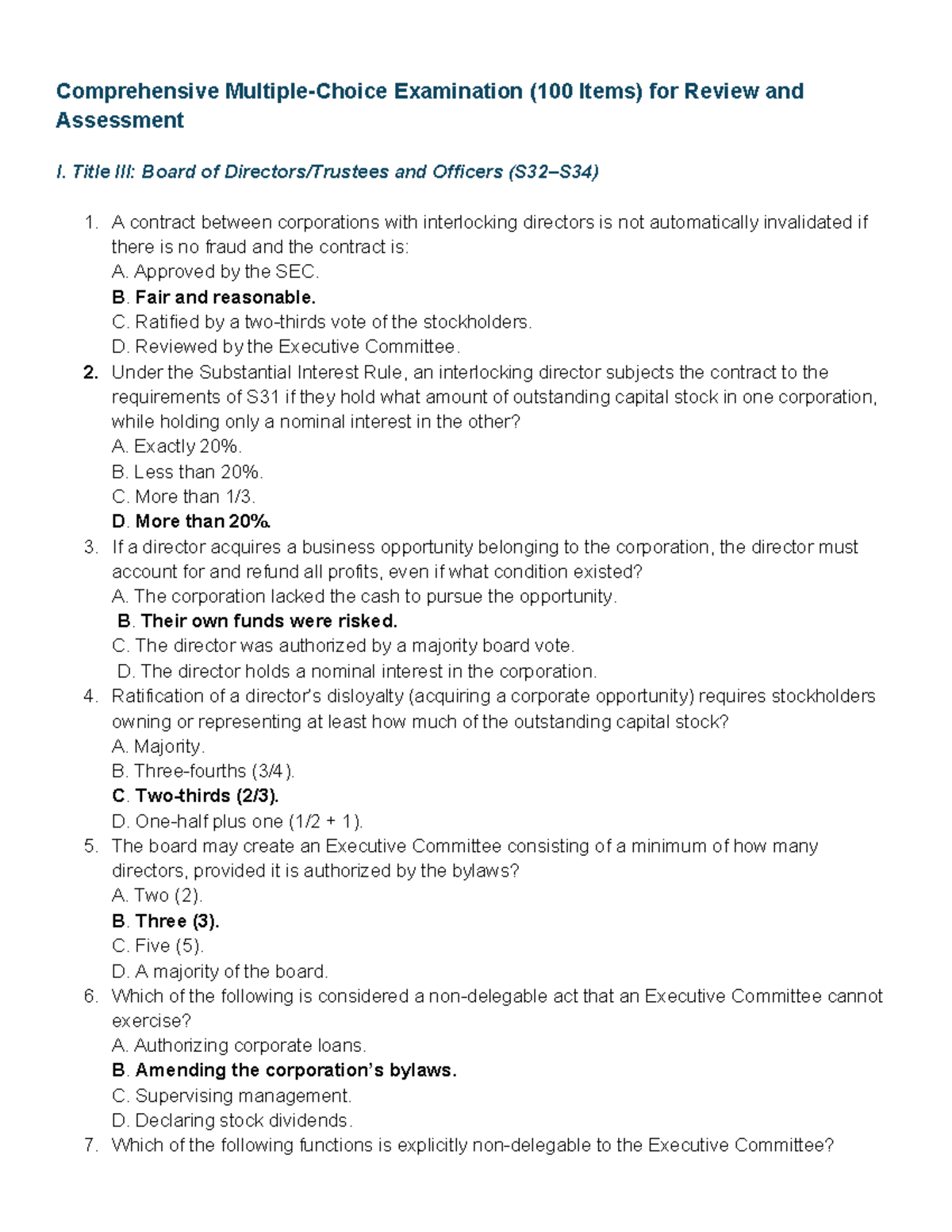 Comprehensive Exam Review (100 Items) for Assessment I - Corporate Law ...