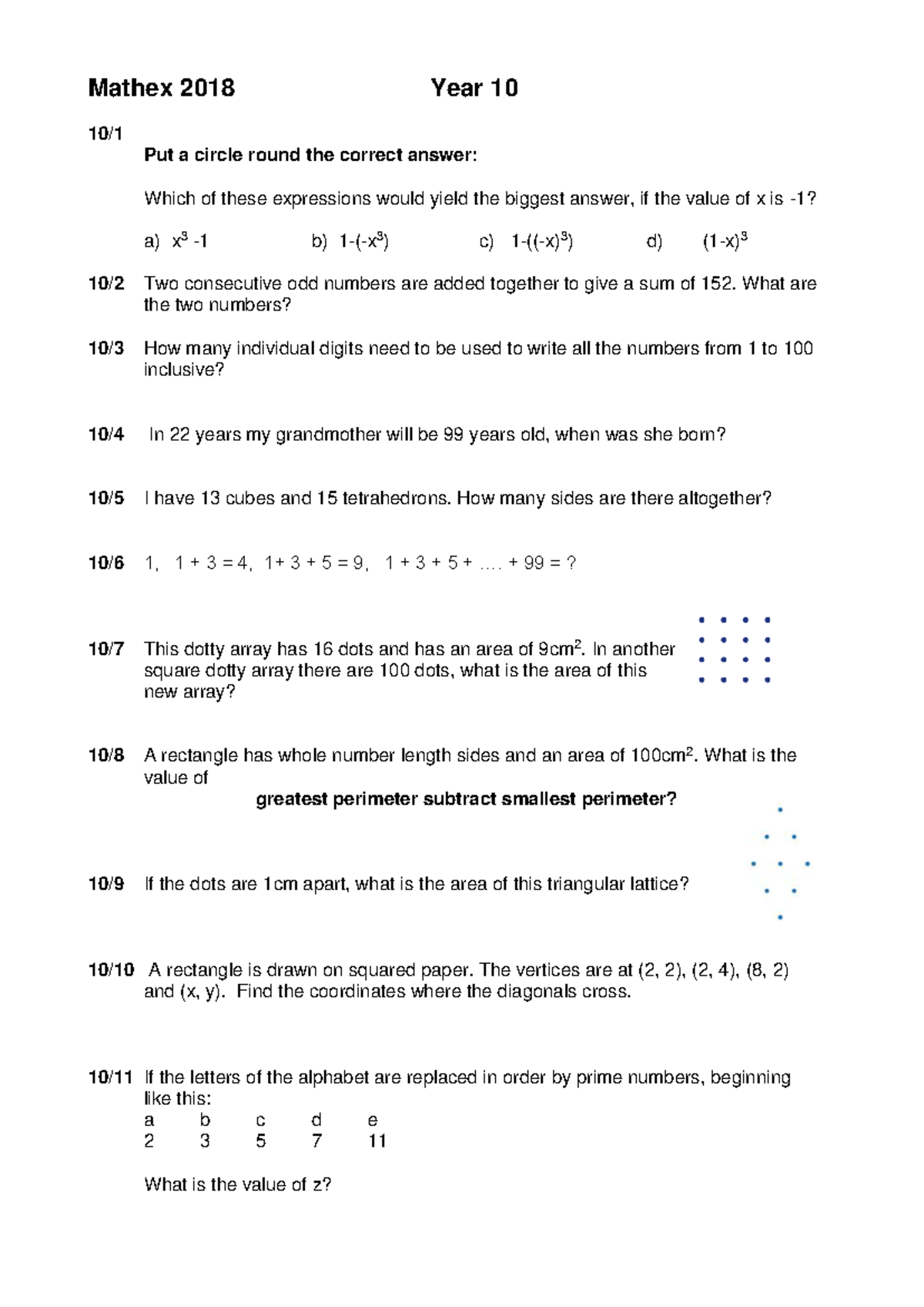 Mathex Quiz Answers Year 10 - 2018: Solutions & Insights - Studocu