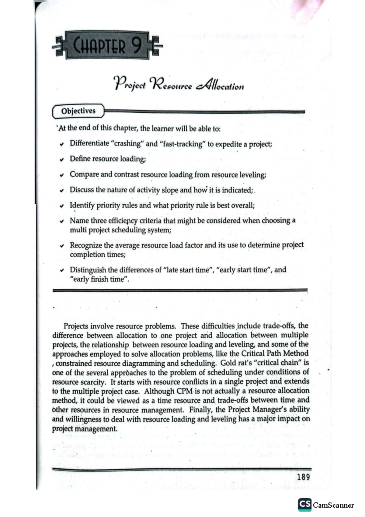 CS 189 CHAPTER 9 Project Resource Allocation and Scheduling Techniques - Studocu
