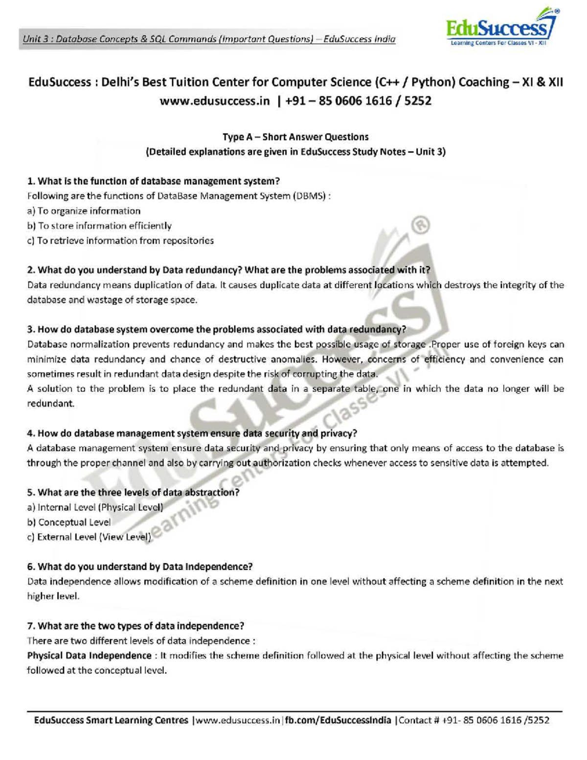 EduSuccess Unit 3: Database Concepts & SQL Commands (Important Qs ...