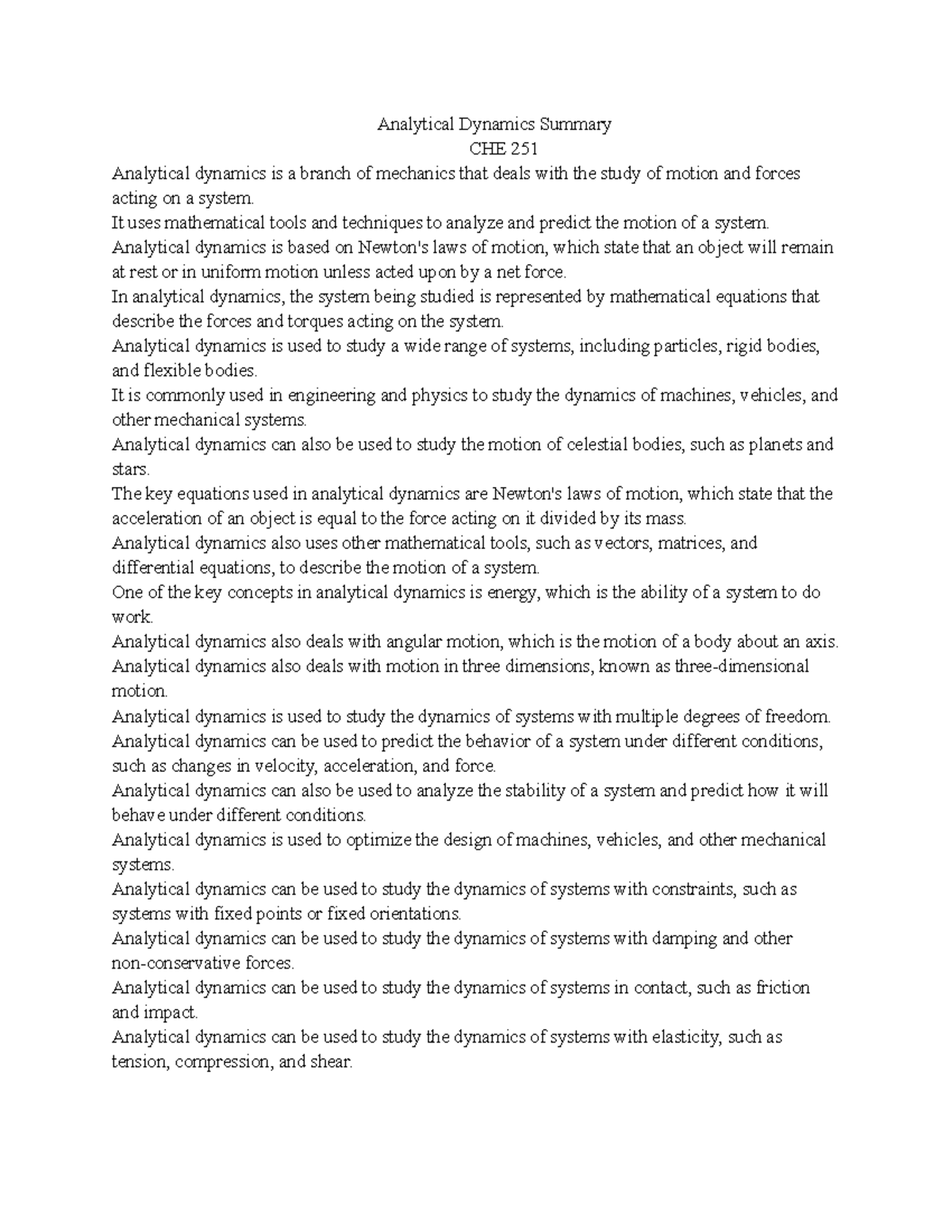 Analytical Dynamics Summary - It uses mathematical tools and techniques ...