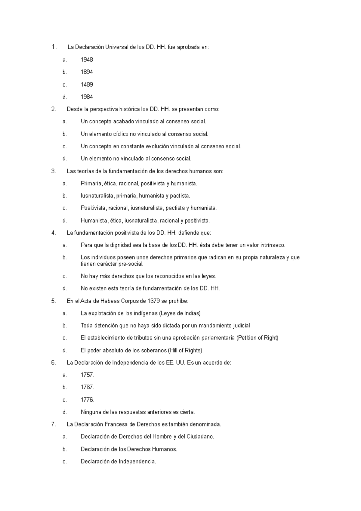 TEST TEMA 1 DDHH - Repaso de Preguntas sobre Derechos Humanos - Studocu
