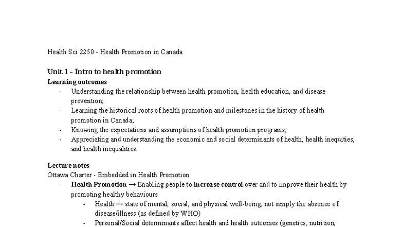 Health Sci 2250 - Lecture Notes on Health Promotion Units 1 & 2 - Studocu