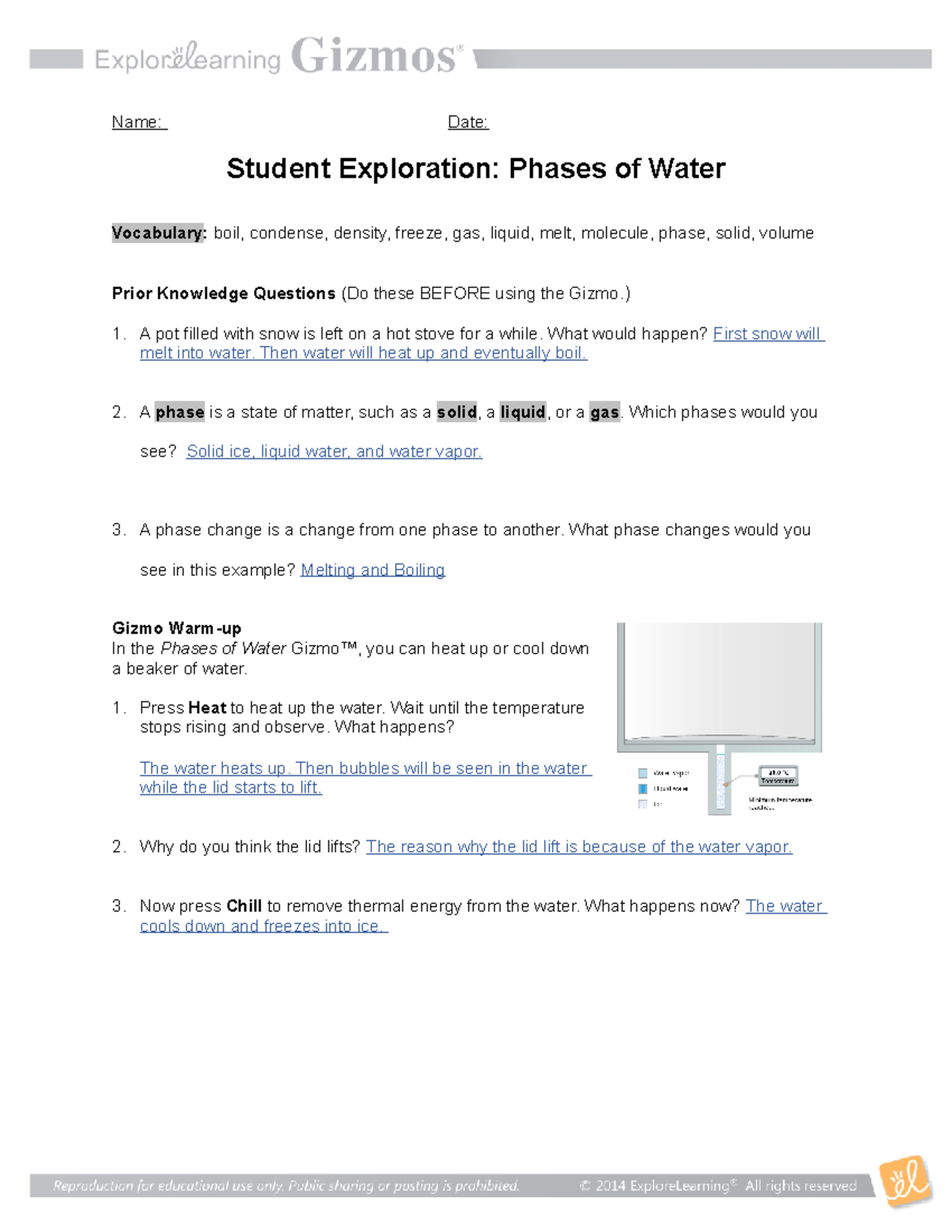 Phases of Water Lab - Gizmo lab - Name: Date: Student Exploration ...