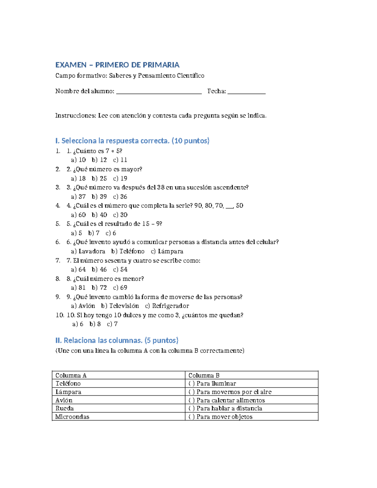 Examen Primero de Primaria: Saberes y Pensamiento Científico - Studocu