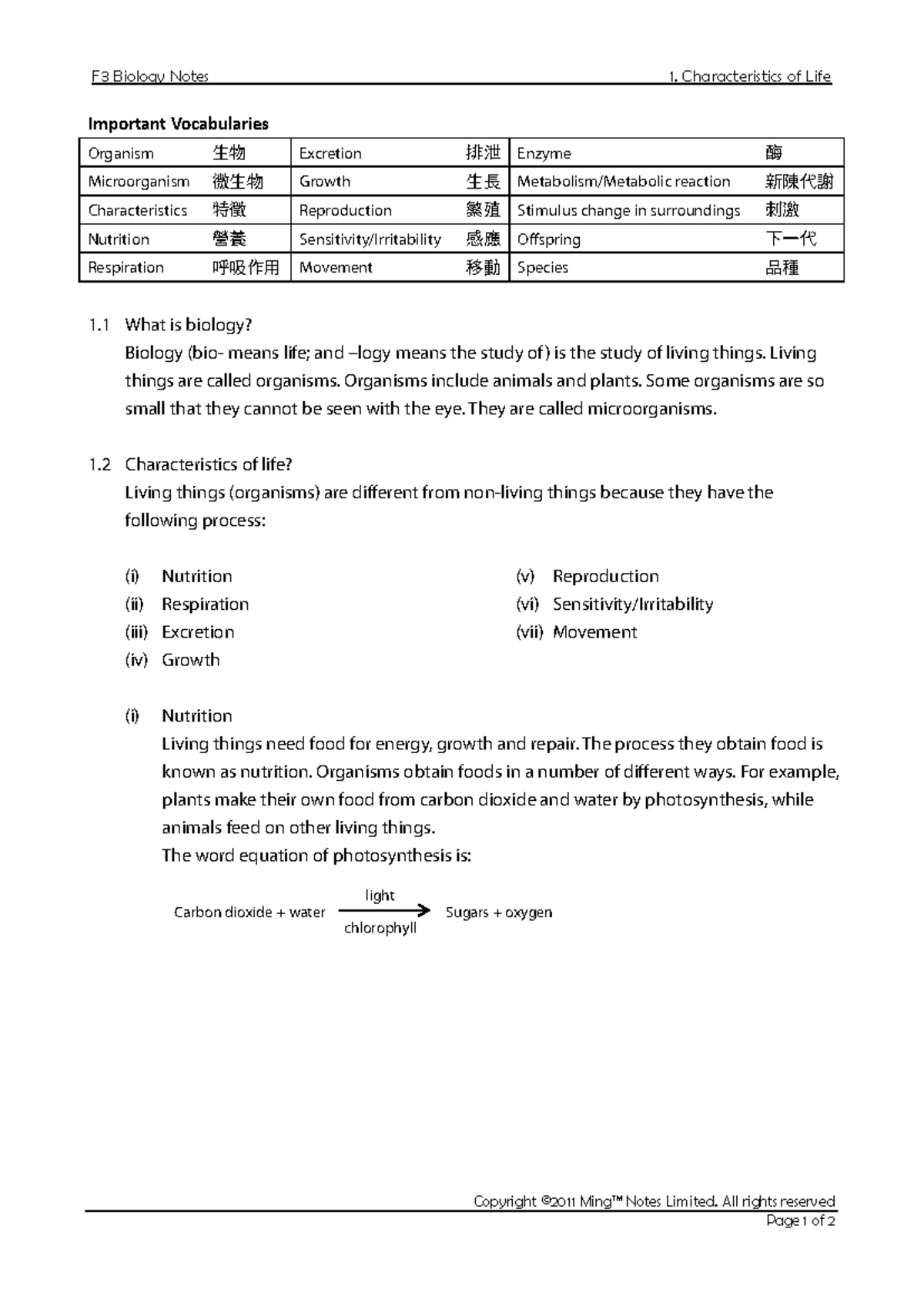 F3 Biology Notes: Key Concepts of Life and Organism Characteristics ...