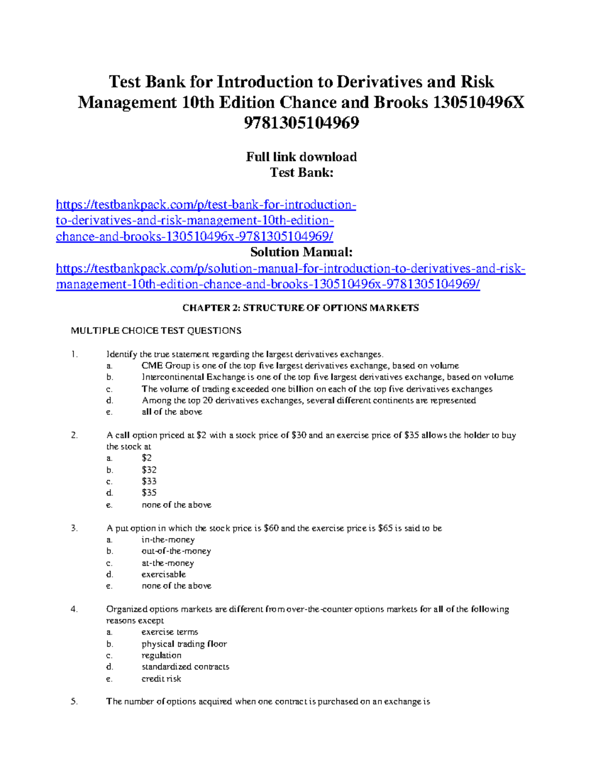 Test Bank: Introduction to Derivatives & Risk Management (10th Ed ...