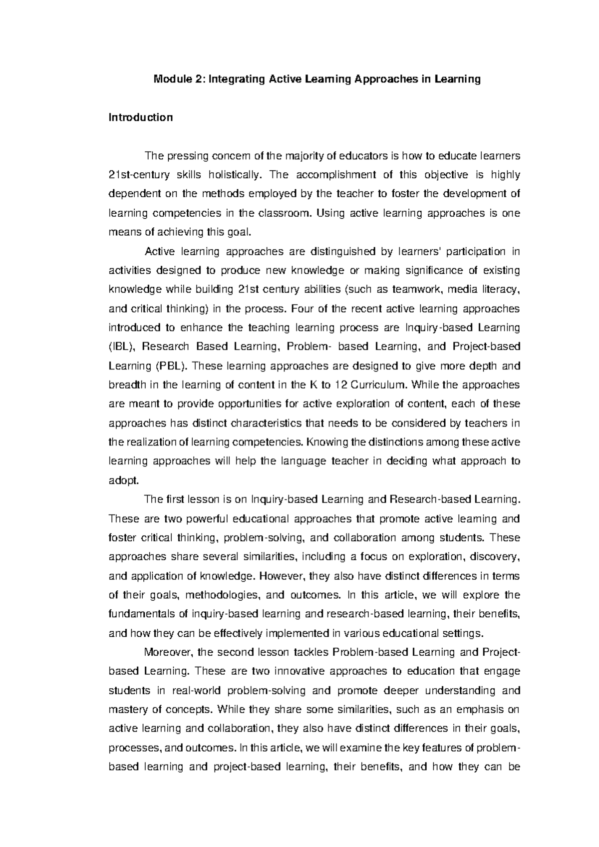 Module 2 Integrating Active Learning Approaches in Learning - The accomplishment of this ...