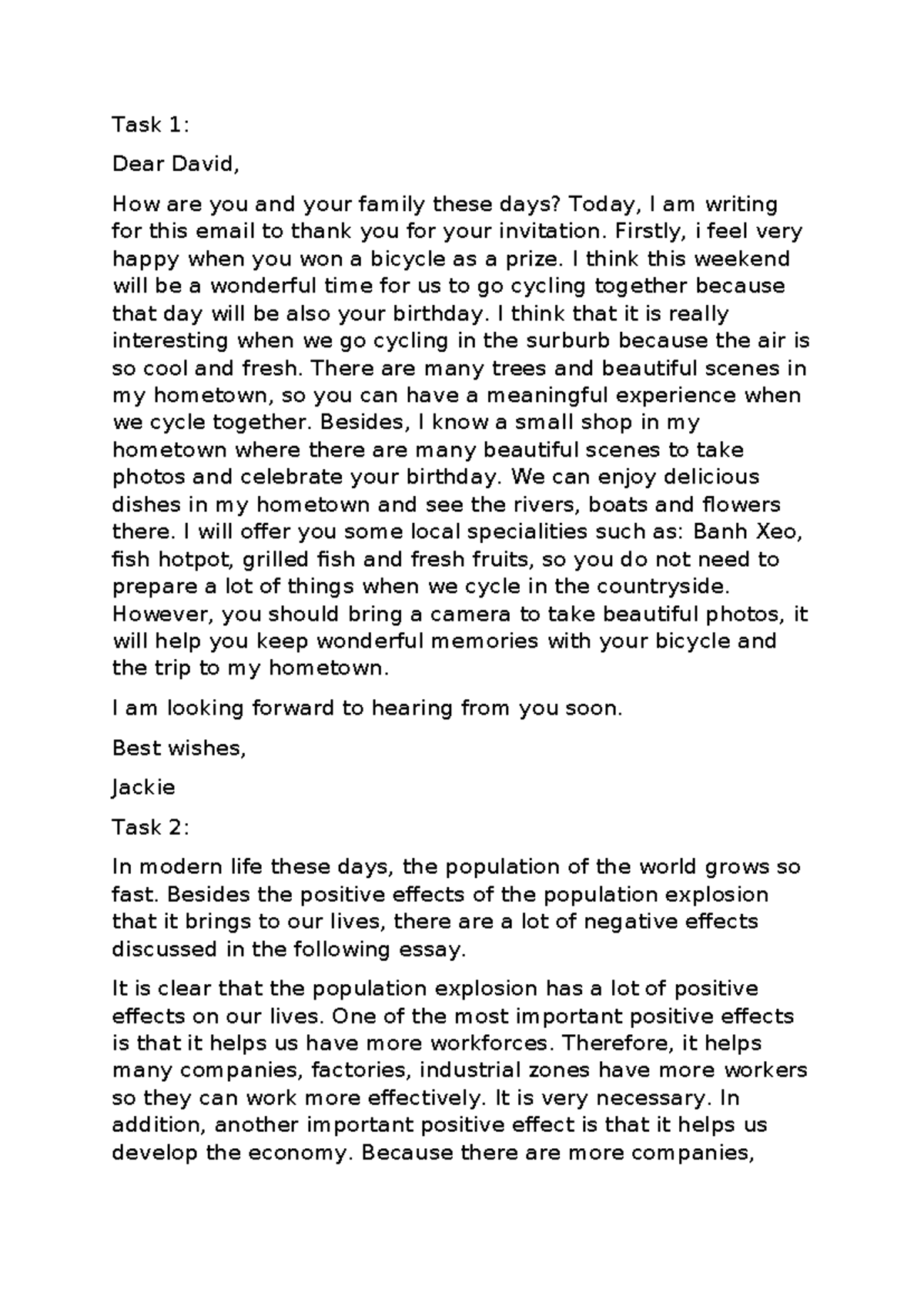 Hữu Thịnh Test 1: Email Writing & Population Explosion Essay - Studocu