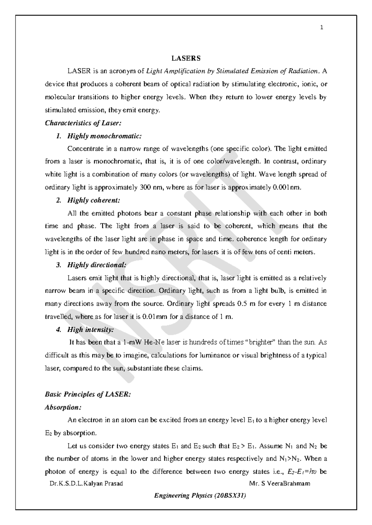 Engineering Physics (20BSX31) Lecture Notes on Lasers - Studocu