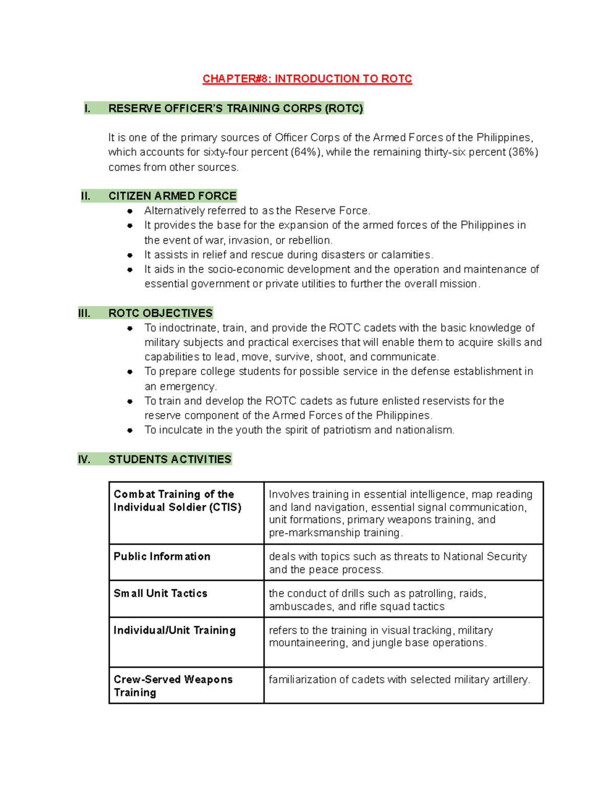 Chapter 8: Overview of ROTC and Its Objectives and Activities - Studocu