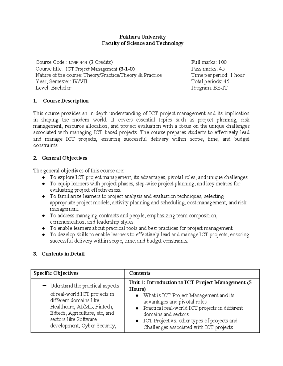 ICT Project Management Course Overview - CMP 3 Credits - Studocu