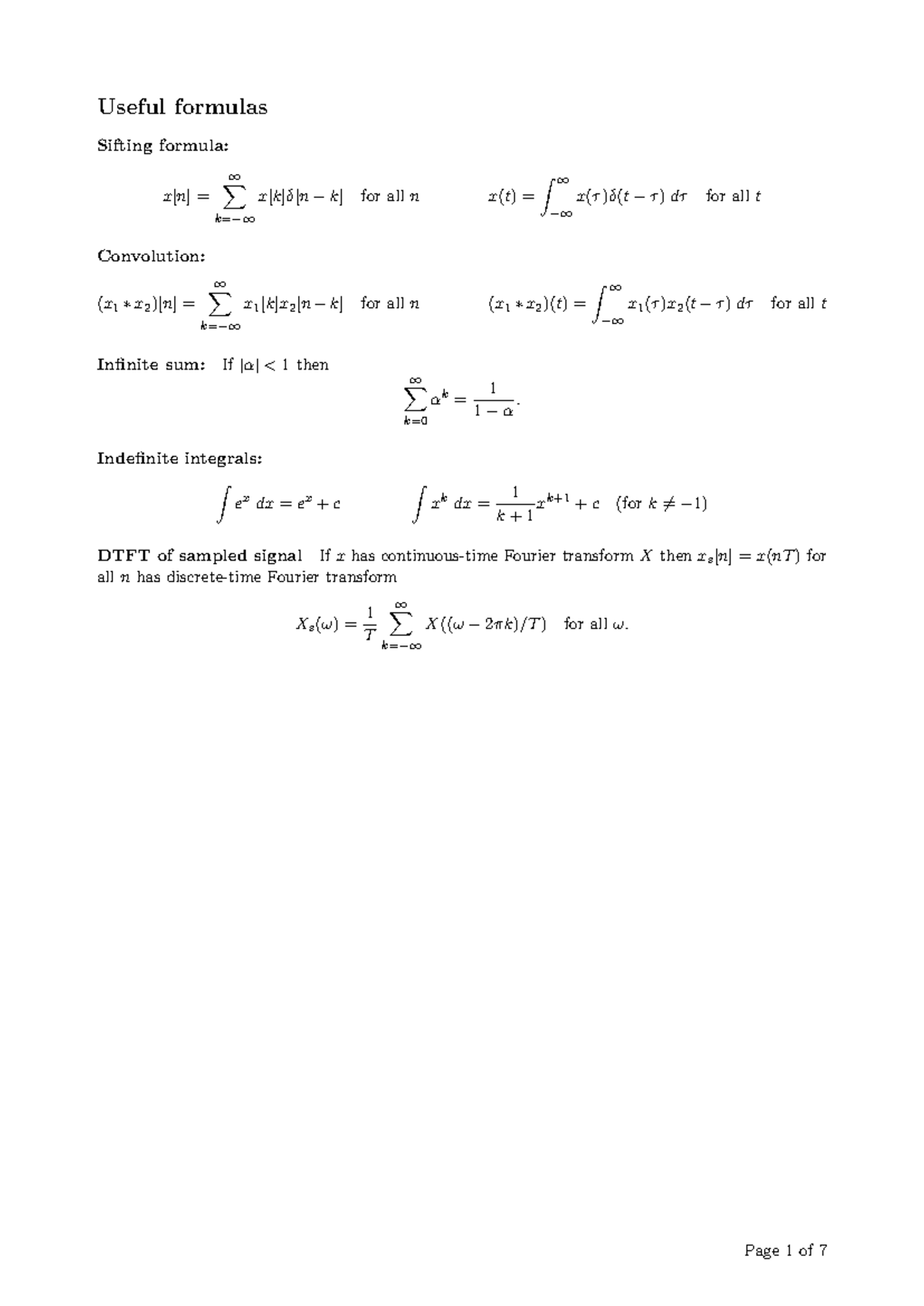 Fourier Transform and Series Formulas - Revision Notes (Course Code ...
