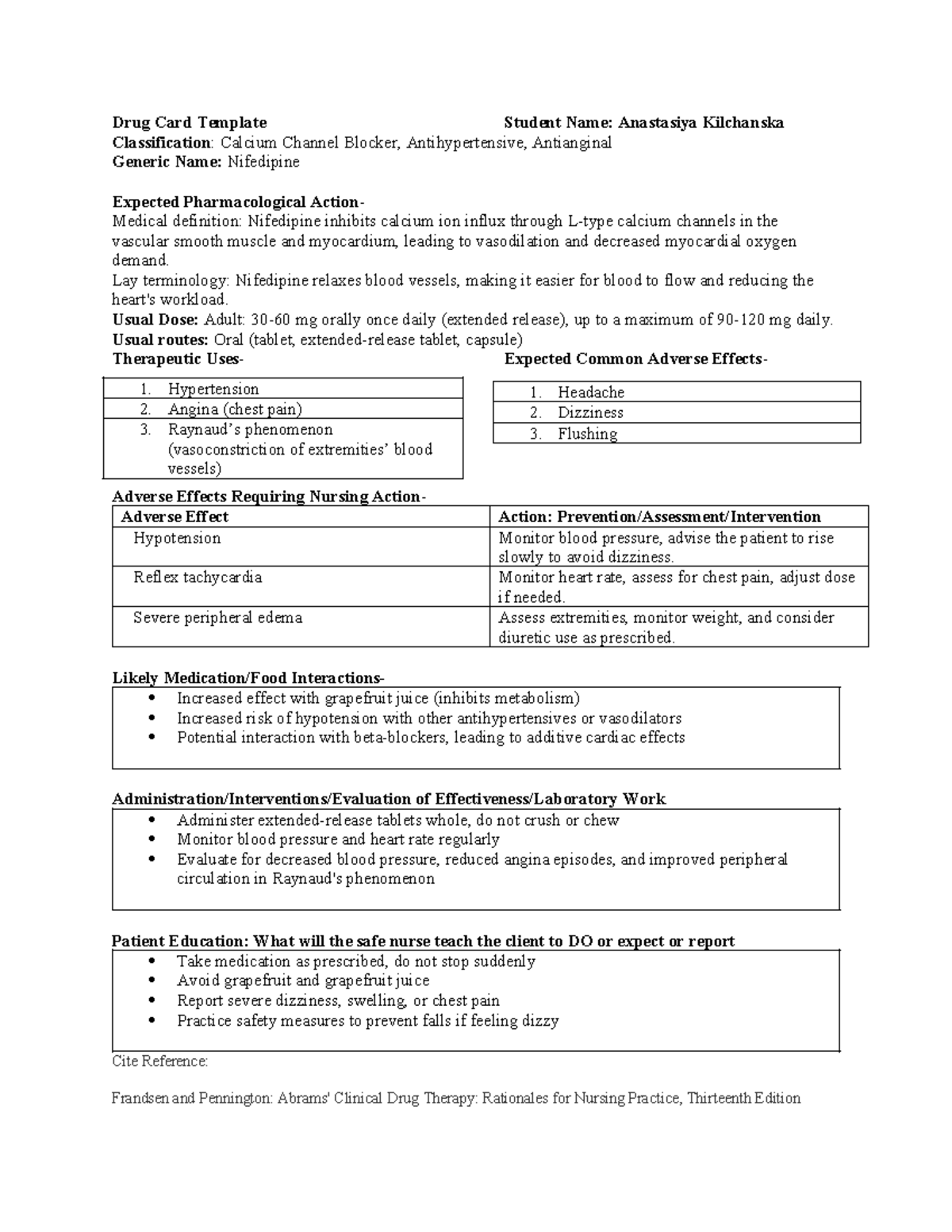 Nifedipine - lecture drug template - Drug Card Template Student Name ...
