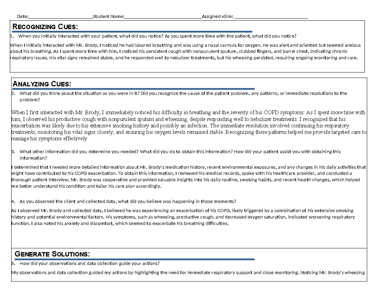 VB Post Sim Clinical Judgment Worksheet - Date: Student Name: Assigned ...