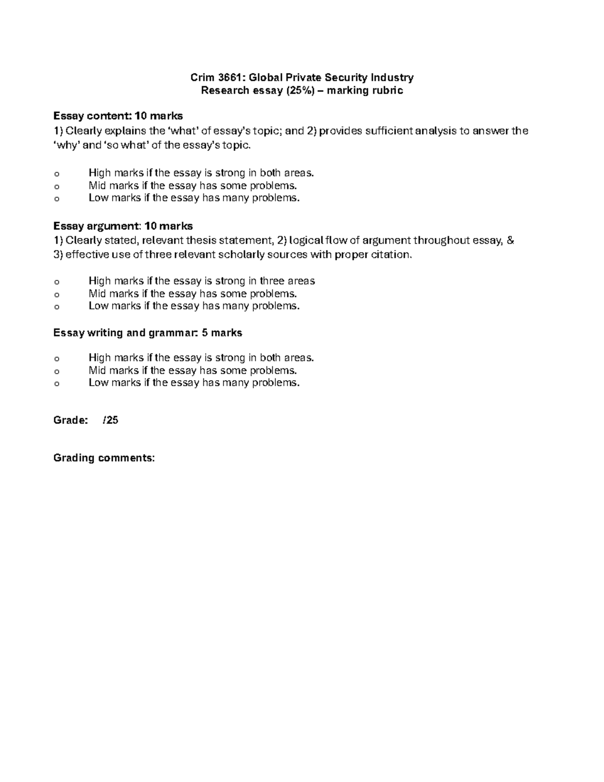 Crim 3661: Research Essay Marking Rubric for Global Security - Studocu