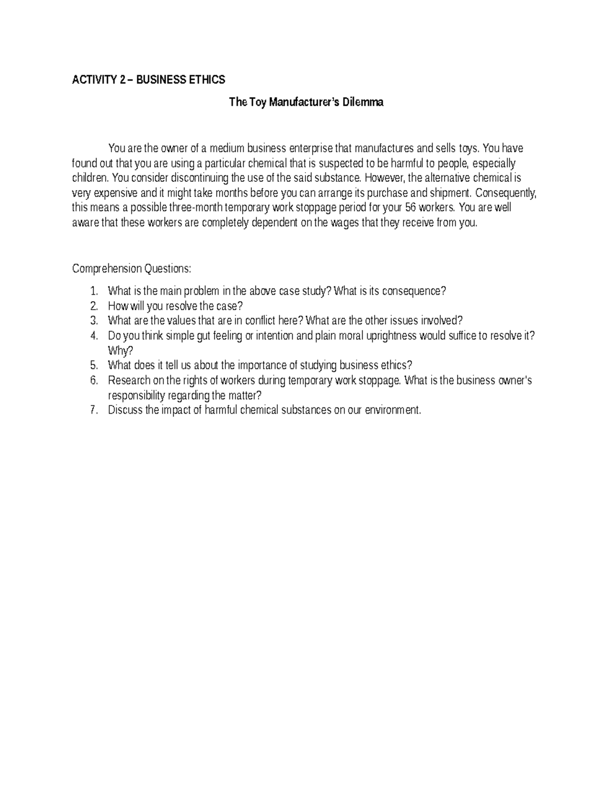 Activity 2 - Business Ethics - ACTIVITY 2 – BUSINESS ETHICS The Toy ...