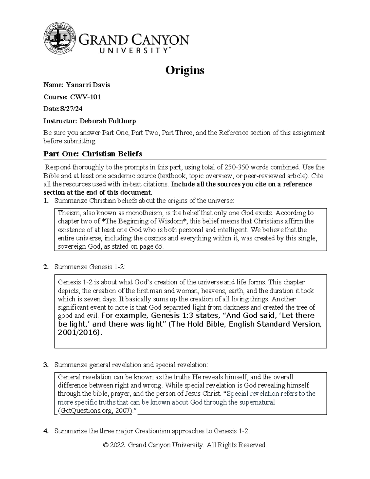 CWV 101 301 RS T2Origins Online - Origins Name: Yanarri Davis Course ...