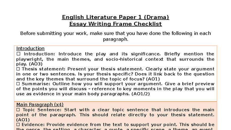 ASND - Drama Essay Writing Frame Checklist for English Literature - Studocu