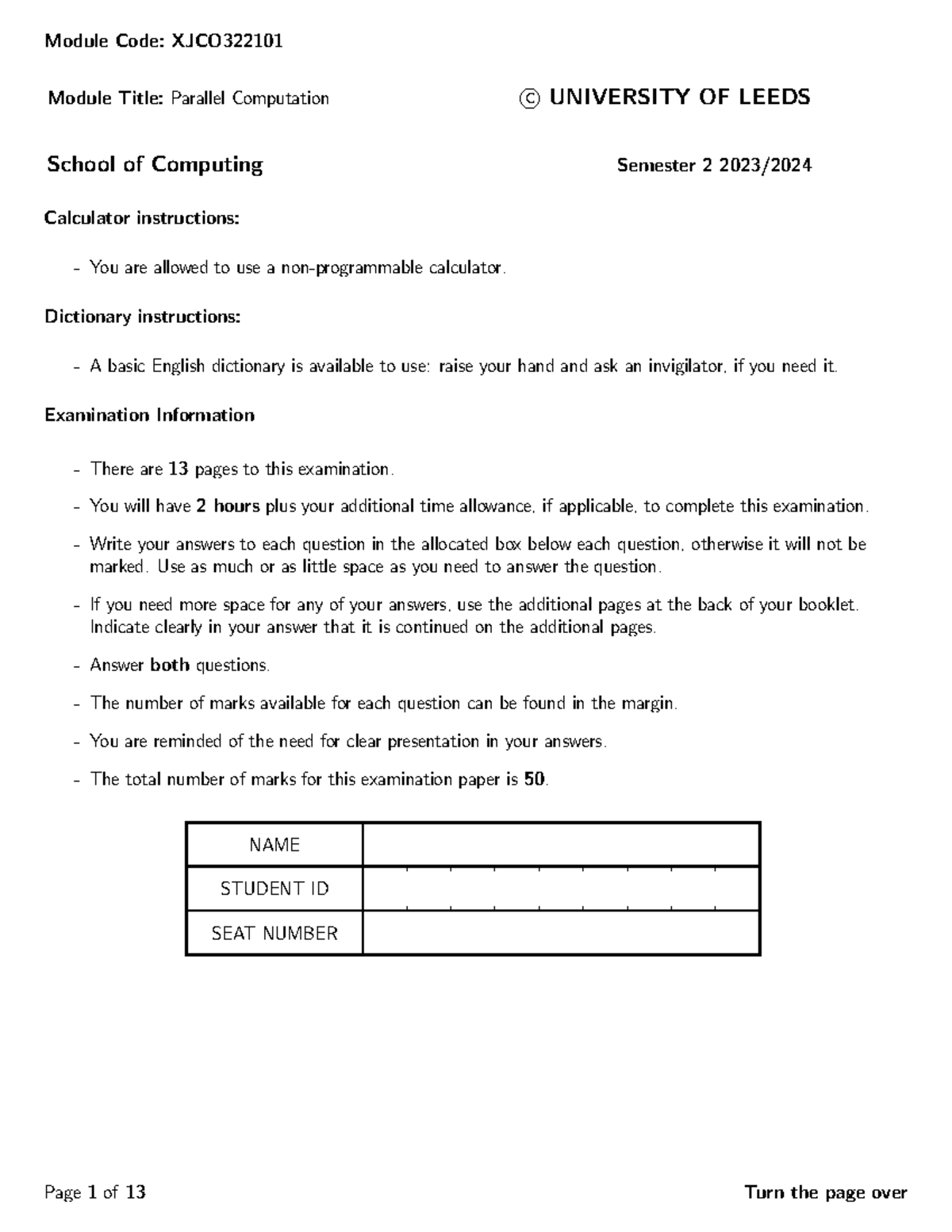 XJCO322101 Final Exam: Parallel Computation - May 2024 - Studocu