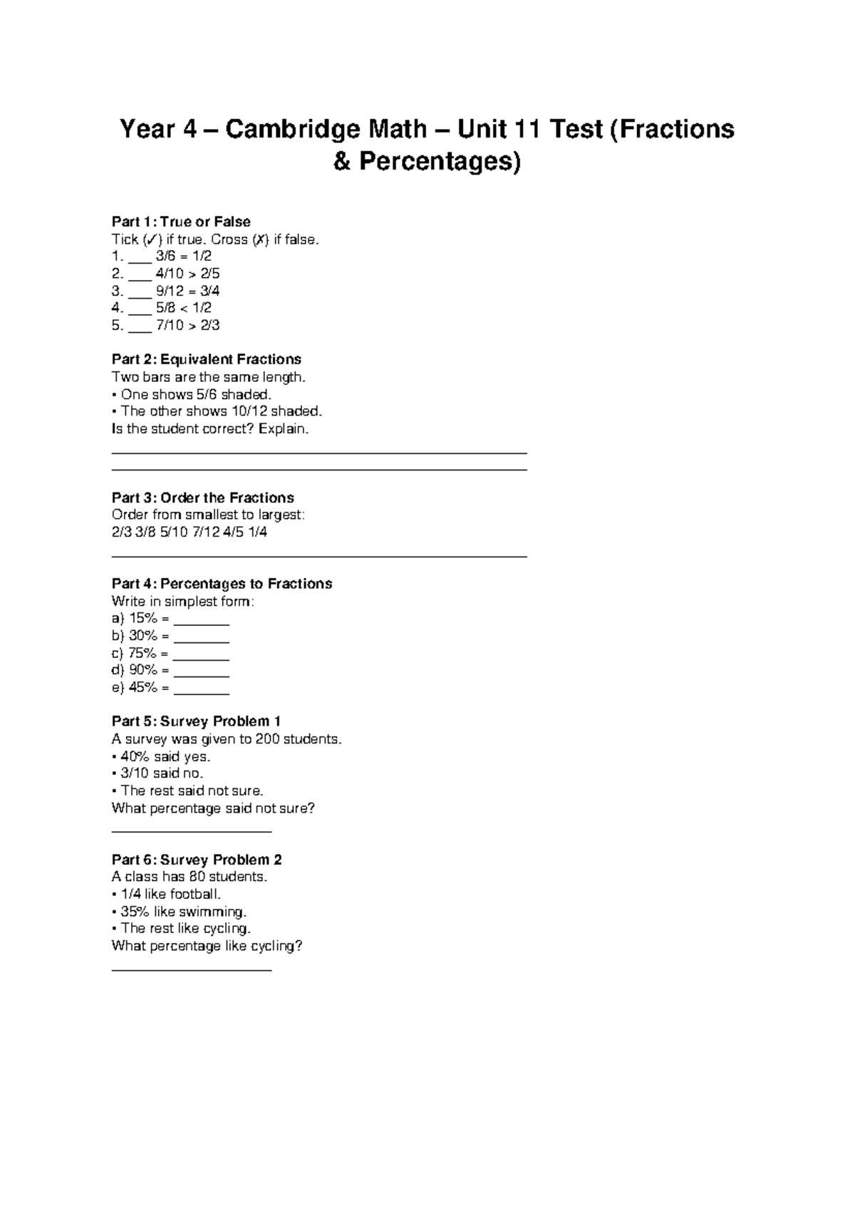 Y4 Cambridge Math Unit 11 Test 2 Review: Fractions & Percentages - Studocu