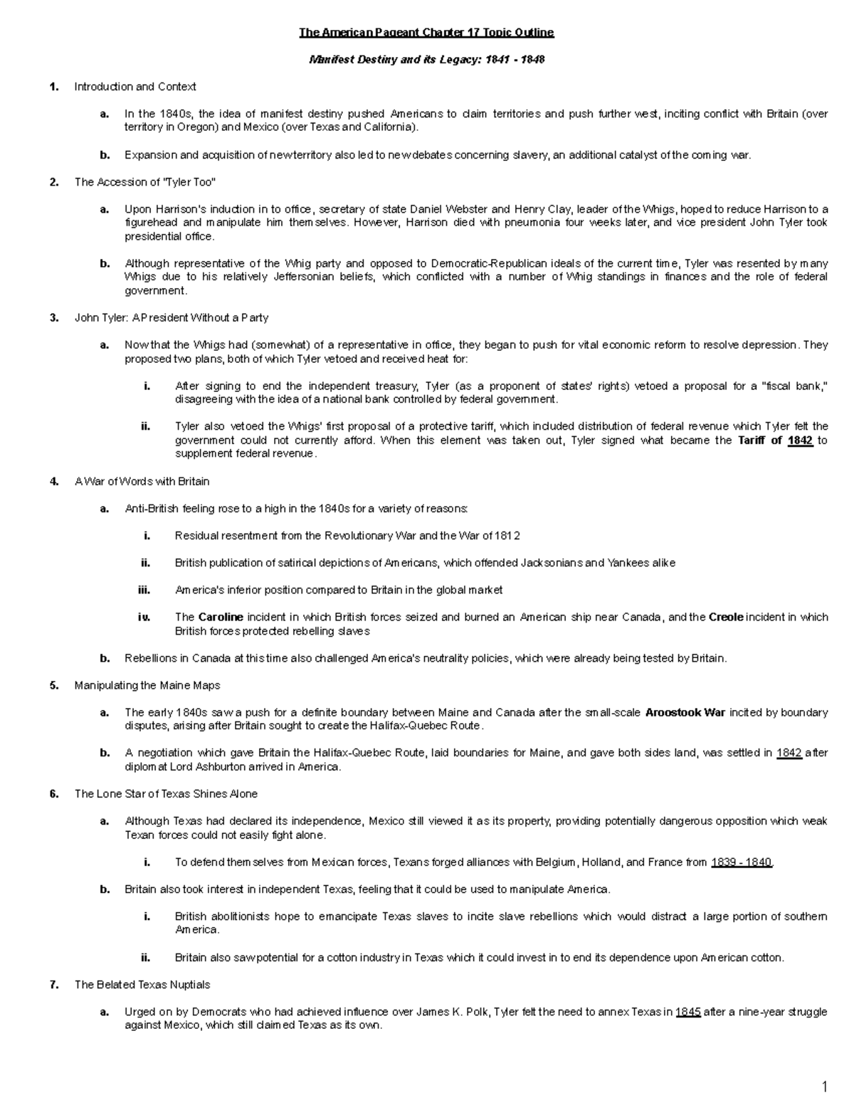 APUSH Chapter 17: Manifest Destiny and the U.S.-Mexico Conflict Outline ...