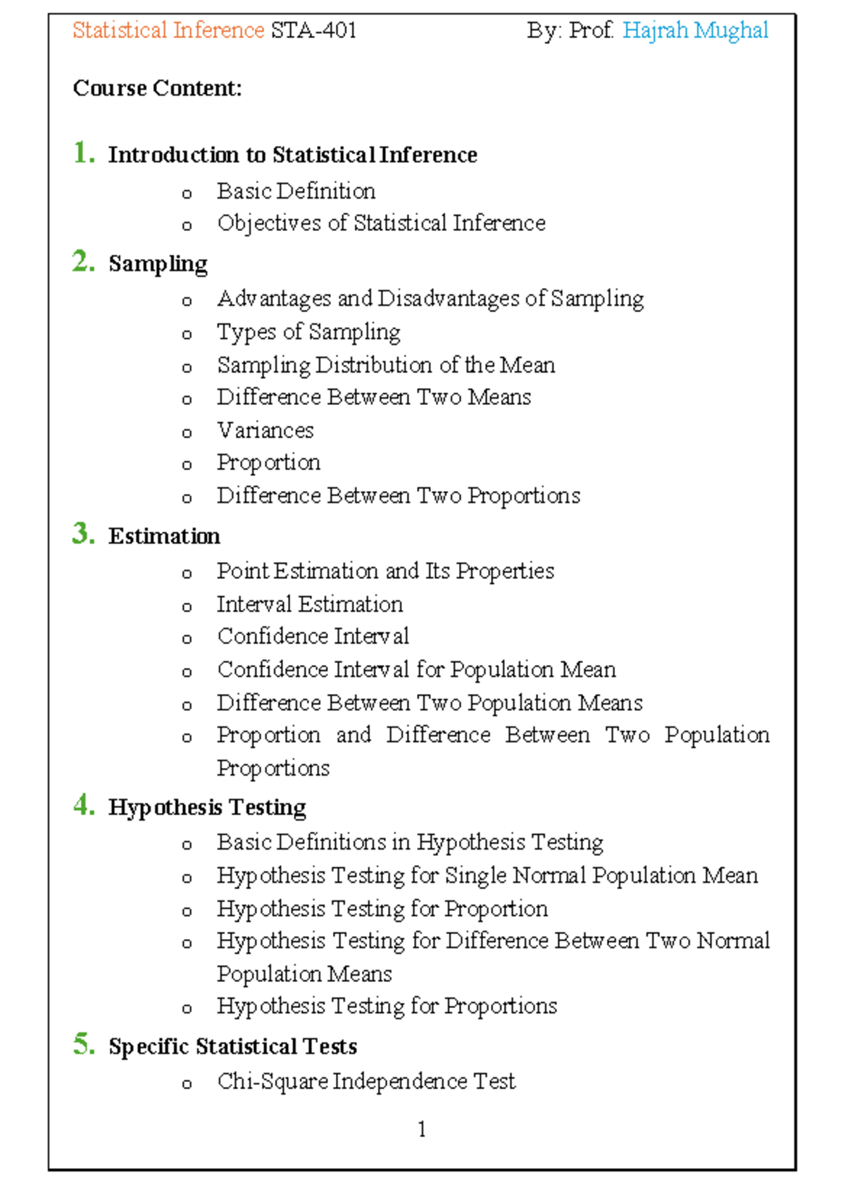 Statistical Inference: Course Content Overview for Prof. Hajrah Mughal ...