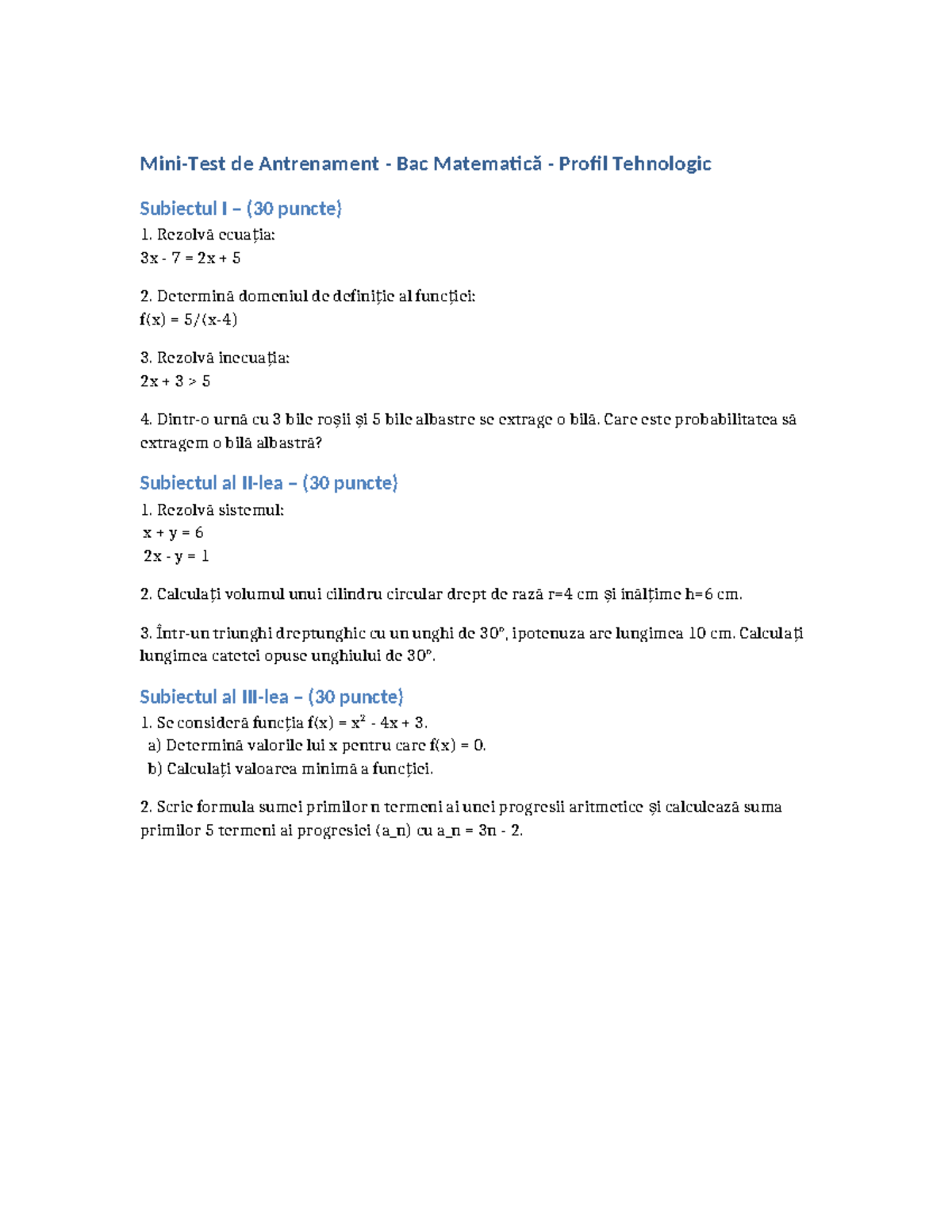 Mini Test Bac Matematică Profil Tehnologic - Subiecte și Soluții - Studocu