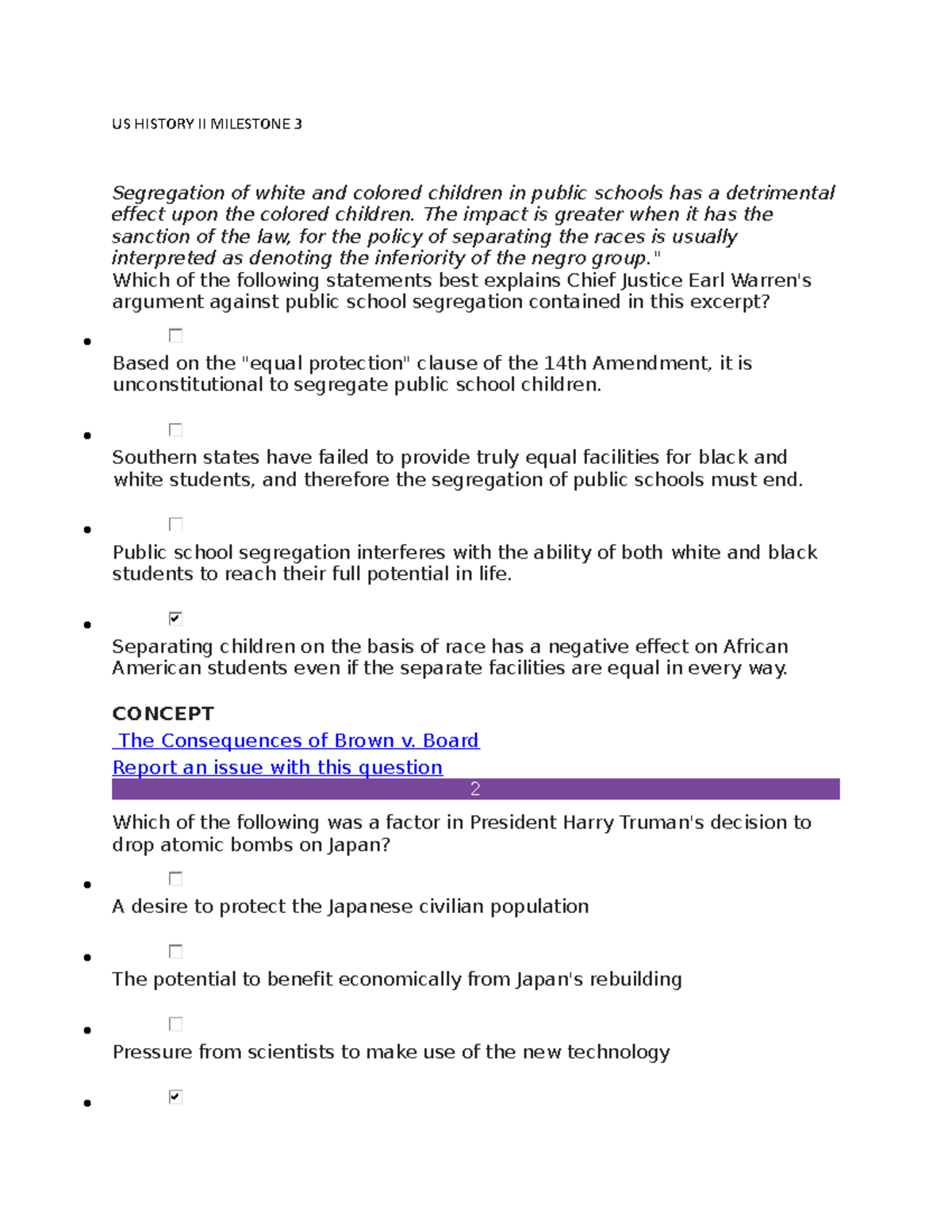 US History II Milestone 3 - US HISTORY II MILESTONE 3 Segregation of ...